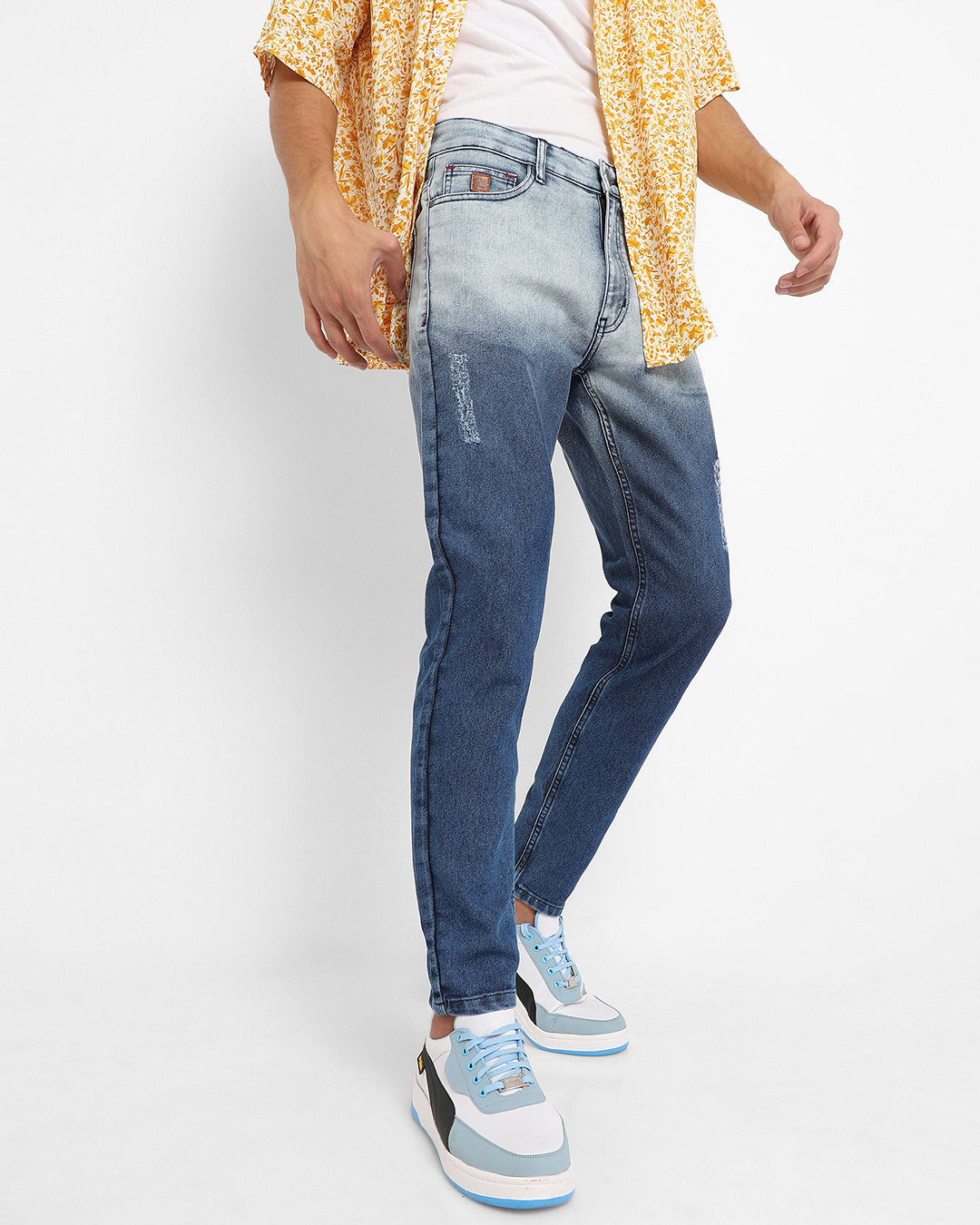 Buy Men's Blue Contrast Ombre Distressed Denim Jeans Online at Bewakoof