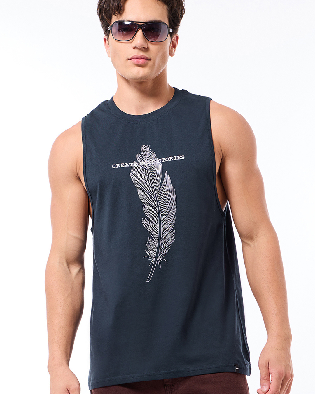 Buy Men's Blue Create Good Stories Graphic Printed Oversized Vest ...