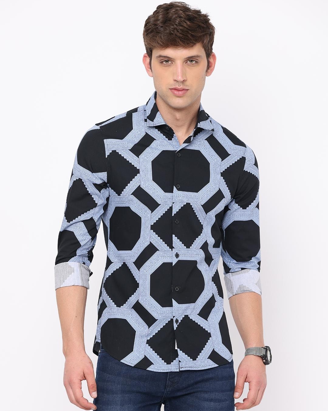 Buy Men's Blue Geometric Printed Slim Fit Shirt Online at Bewakoof