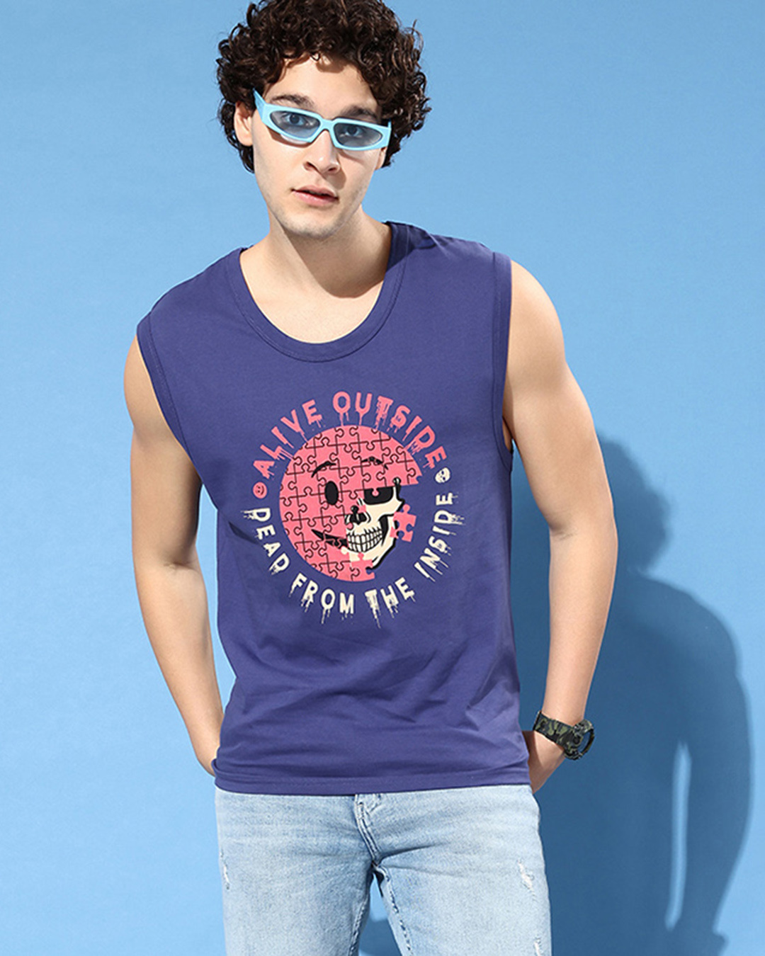 Buy Men's Blue Graphic Printed Oversized Vest Online at Bewakoof