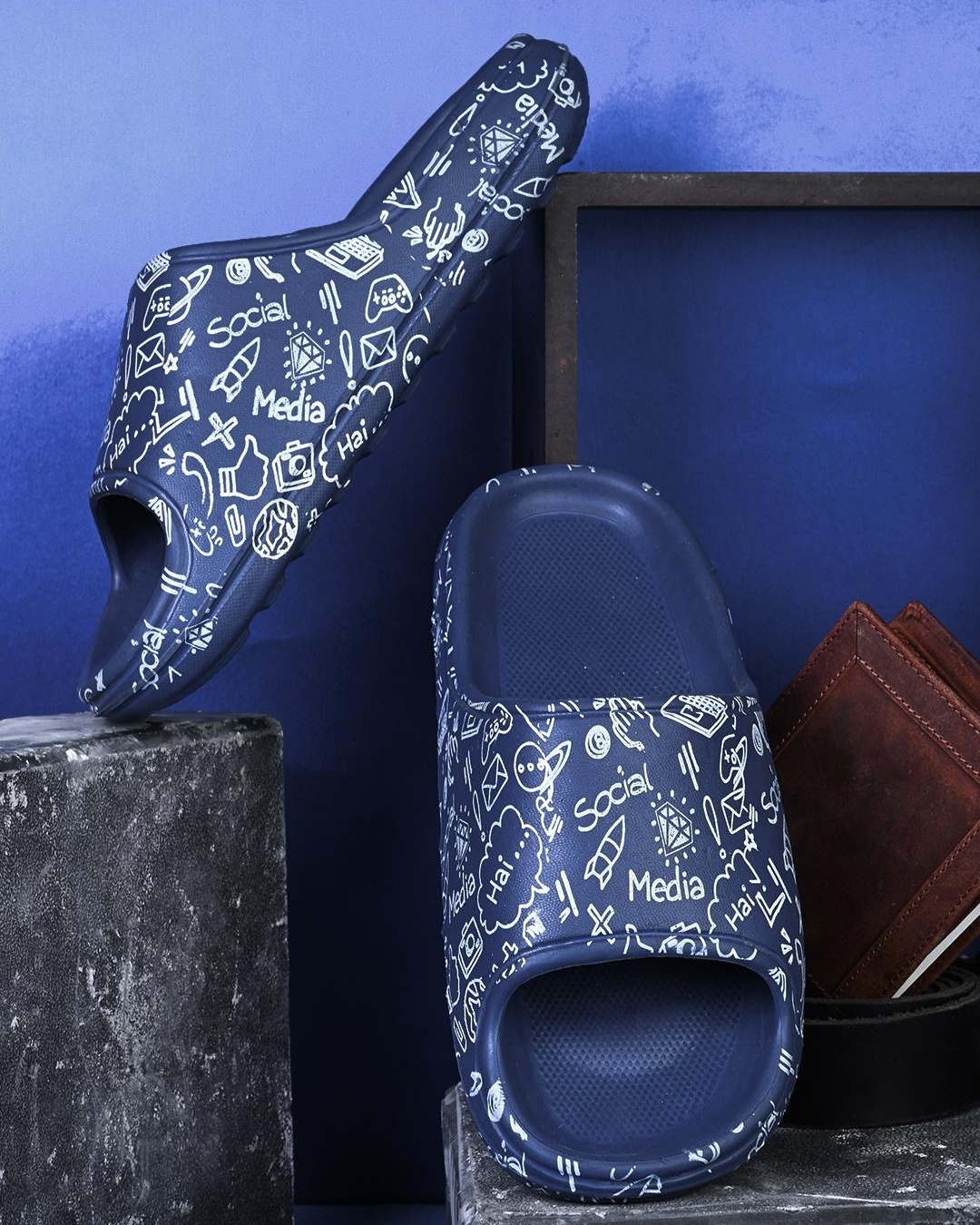 Buy Men's Blue Graphic Printed Sliders Online in India at Bewakoof