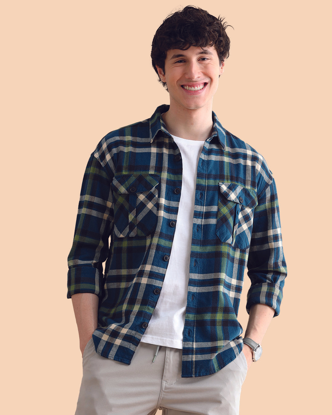 Buy Men's Blue & Green Checked Oversized Shacket Online at Bewakoof