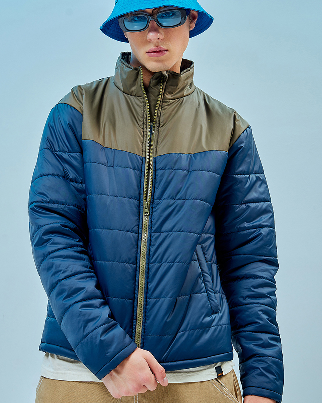 Buy Men's Blue & Green Color Block Oversized Puffer Jacket Online at ...