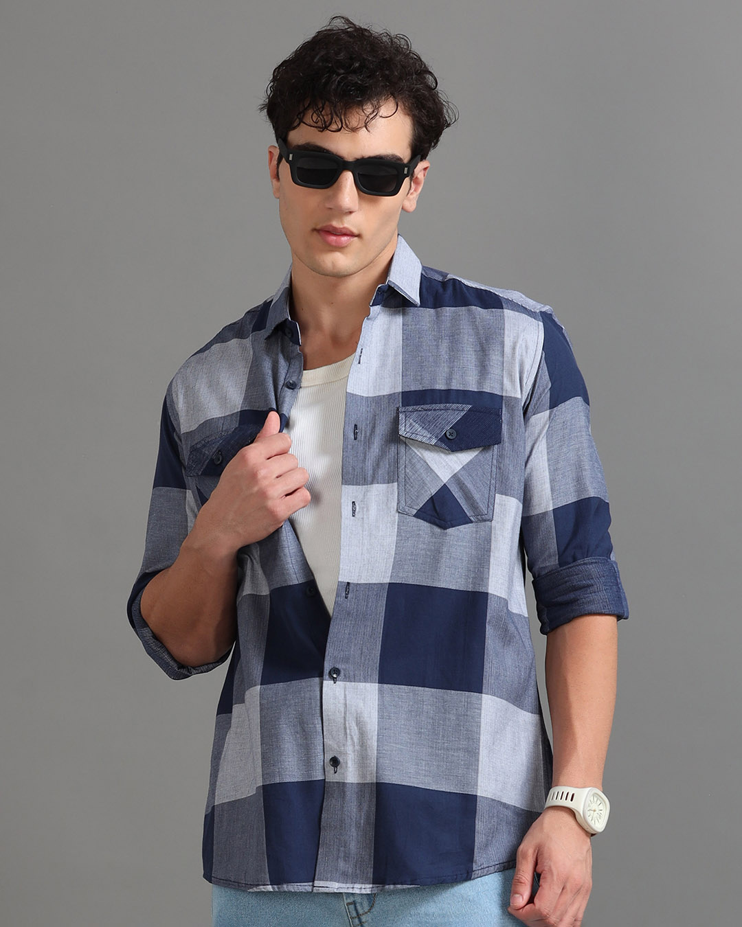 Buy Men's Blue & Grey Checked Shirt Online at Bewakoof