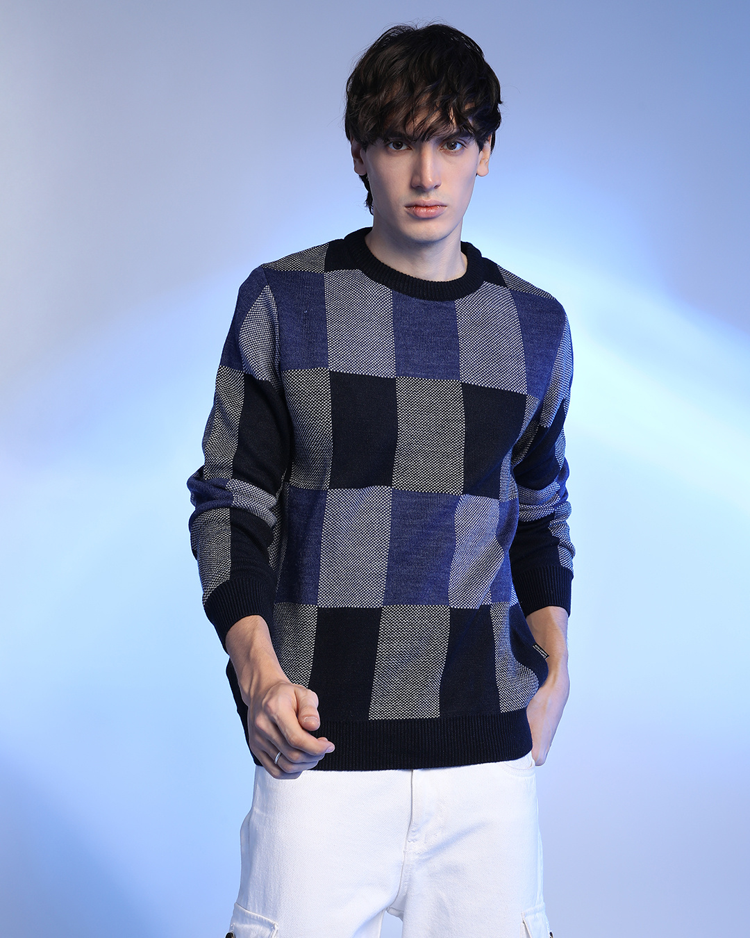 Buy Men's Blue & Grey Checked Sweater Online at Bewakoof