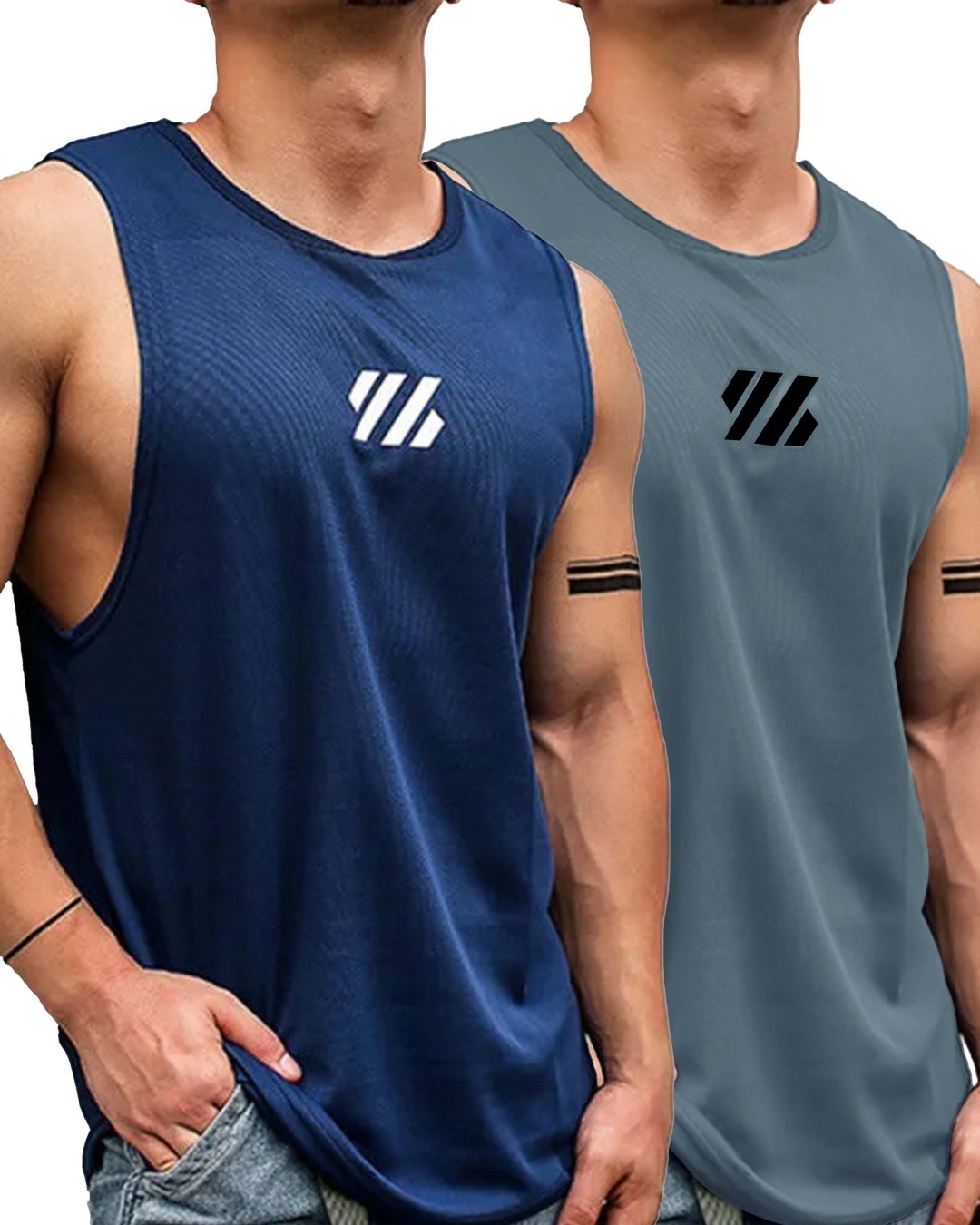 Buy Pack of 2 Men's Blue & Grey Graphic Printed Slim Fit Vest Online at ...