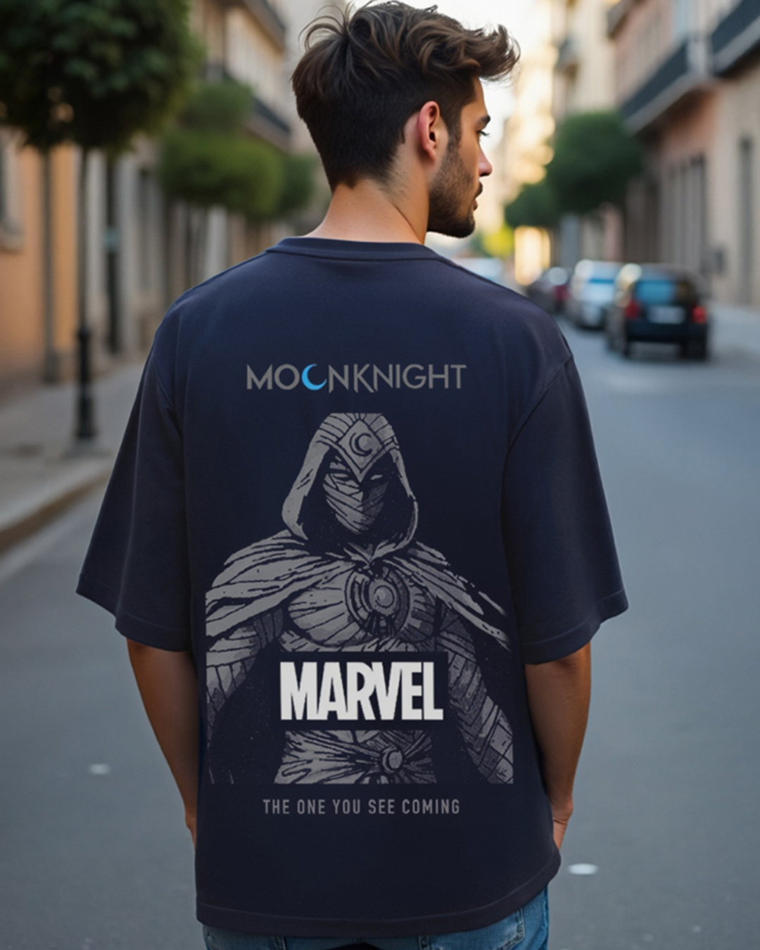 Buy Men's Blue Marvel Moon Knight Graphic Printed Oversized T-shirt ...