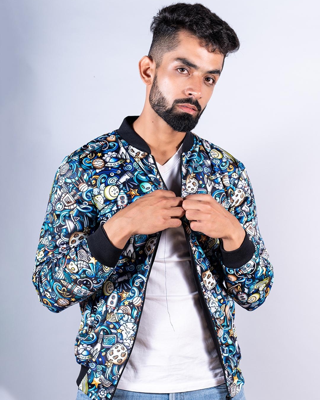 Buy Men's Blue Moonshine Printed Relaxed Fit Velvet Jacket Online at ...