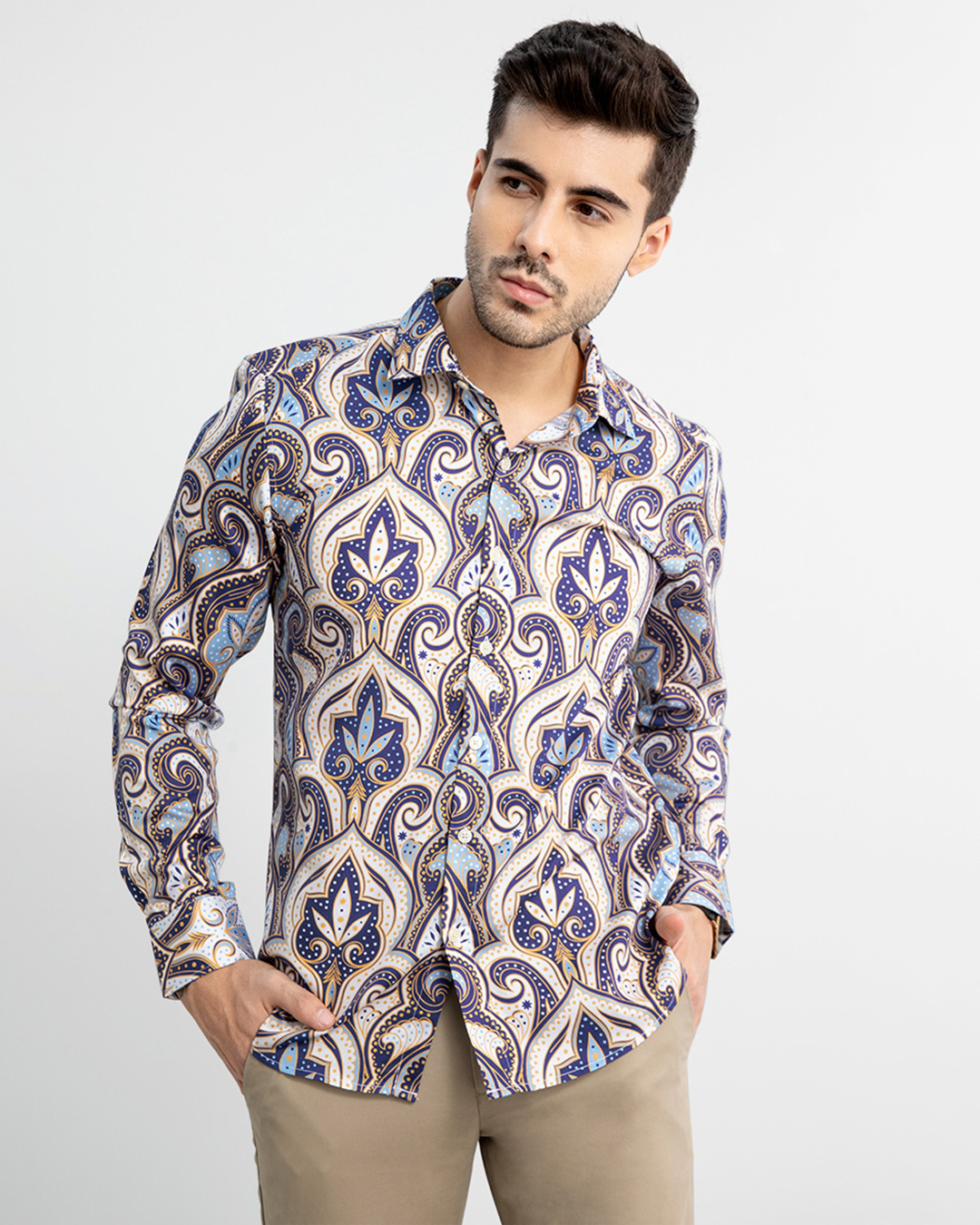 Buy Men's Blue Moroccan Paisley Ethnic Motif Printed Slim Fit Shirt ...