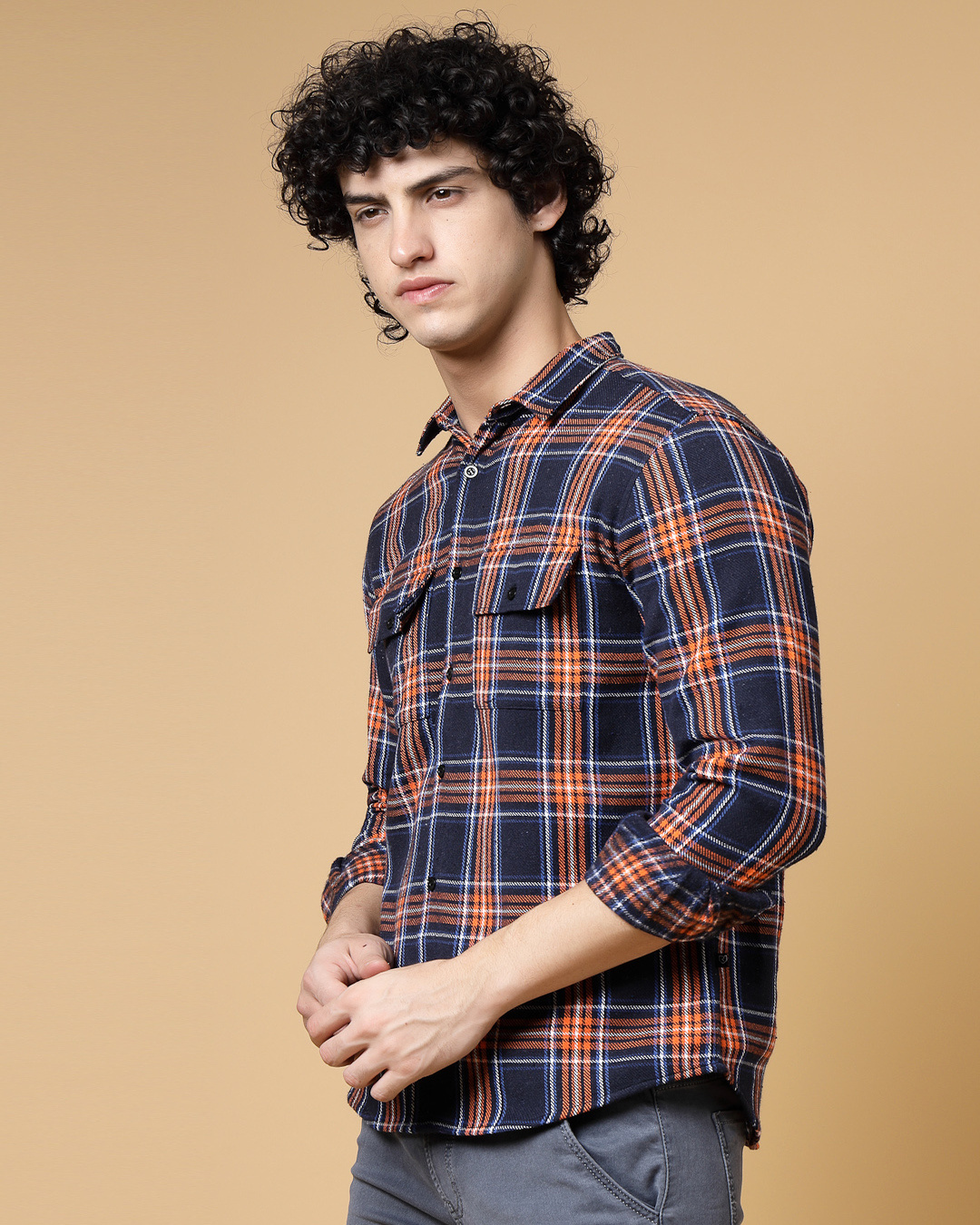 Buy Men's Blue & Orange Flannel Checked Oversized Shacket Online at ...