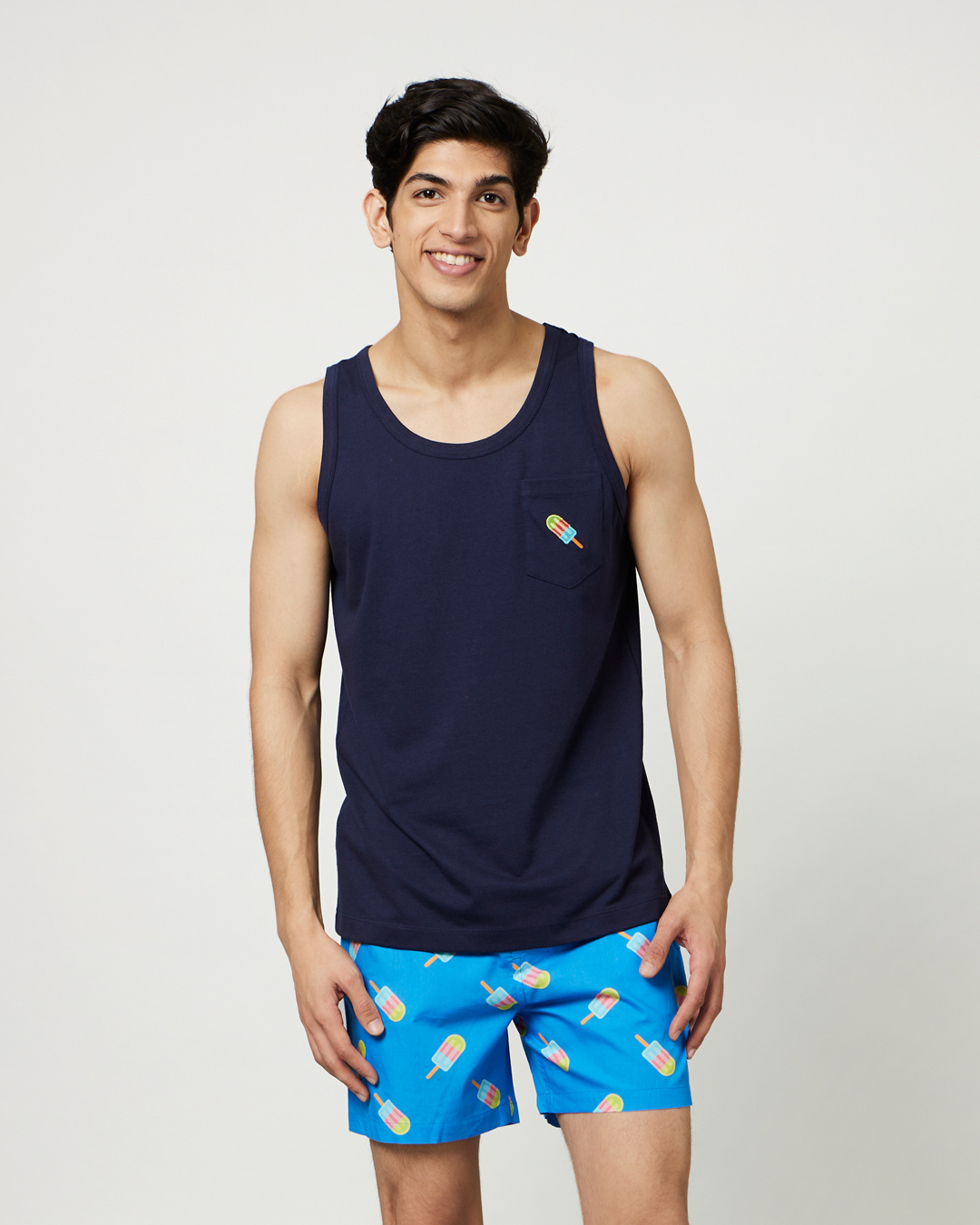 Buy Men's Blue Popsicle Printed Vest & Boxer Set Online in India at ...