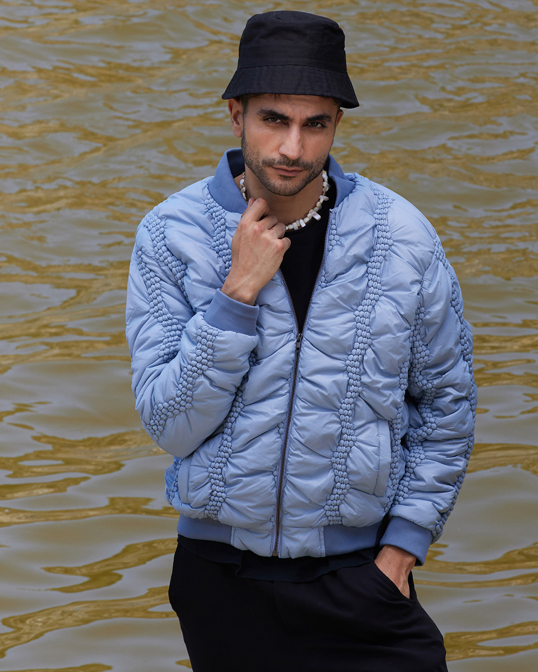 Buy Men's Blue Self Design Puffer Jacket Online at Bewakoof