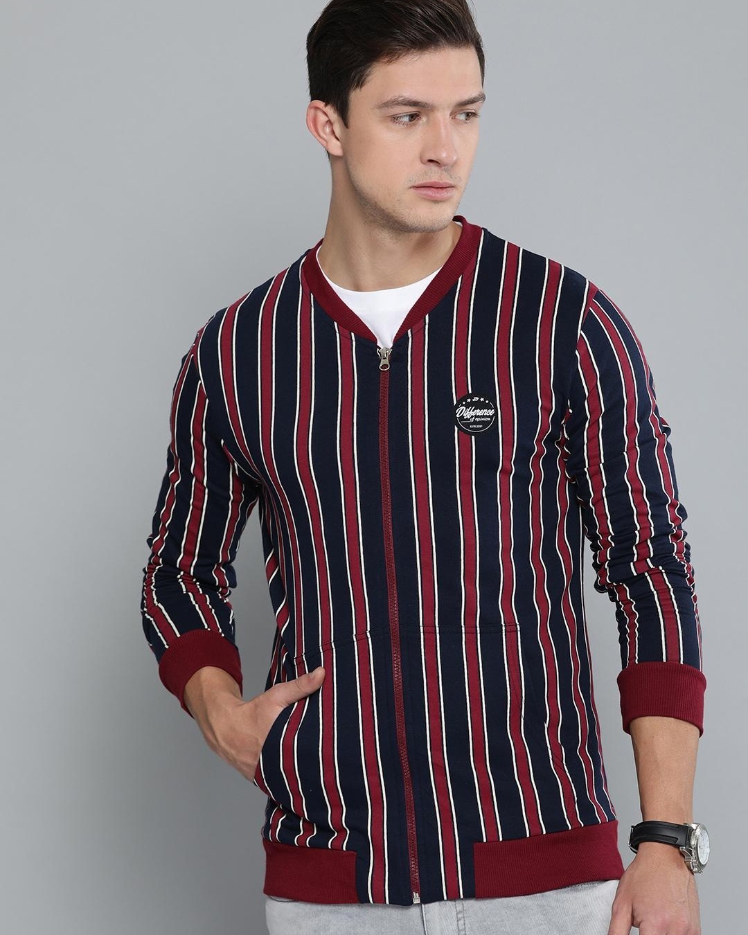 Buy Men's Blue & Red Striped Bomber Jacket Online at Bewakoof