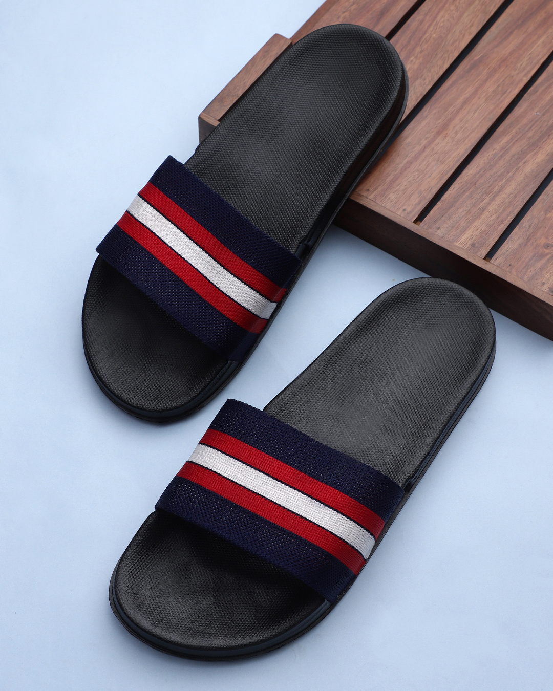 Buy Men's Blue & Red Striped Sliders Online in India at Bewakoof