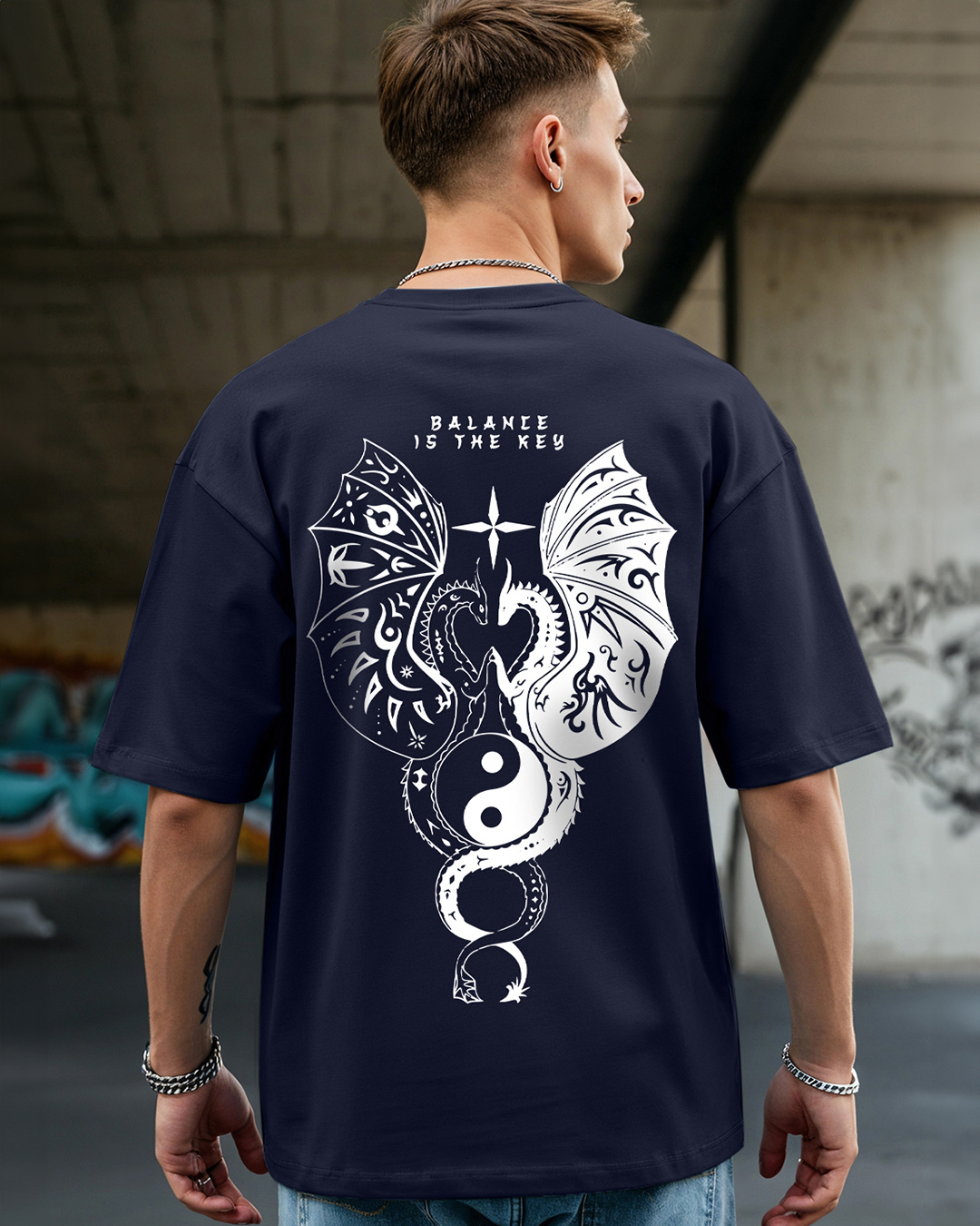 Buy Men's Blue Seek Balance Graphic Printed Oversized T-shirt Online at ...