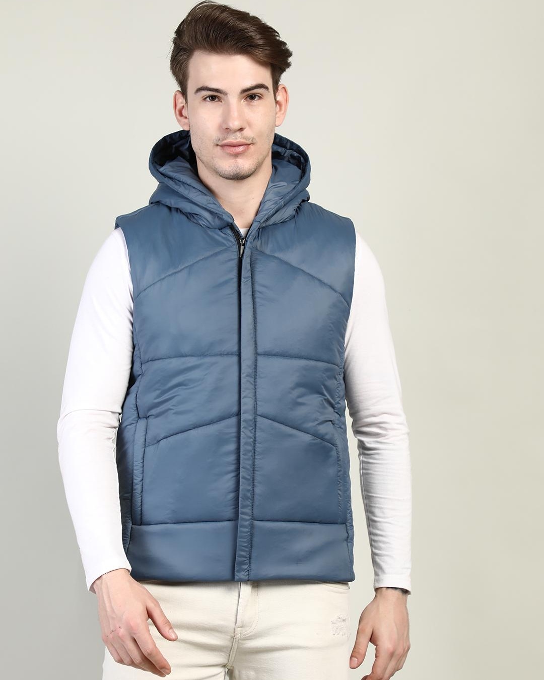 Buy Men's Blue Sleeveless Hooded Puffer Jacket Online at Bewakoof