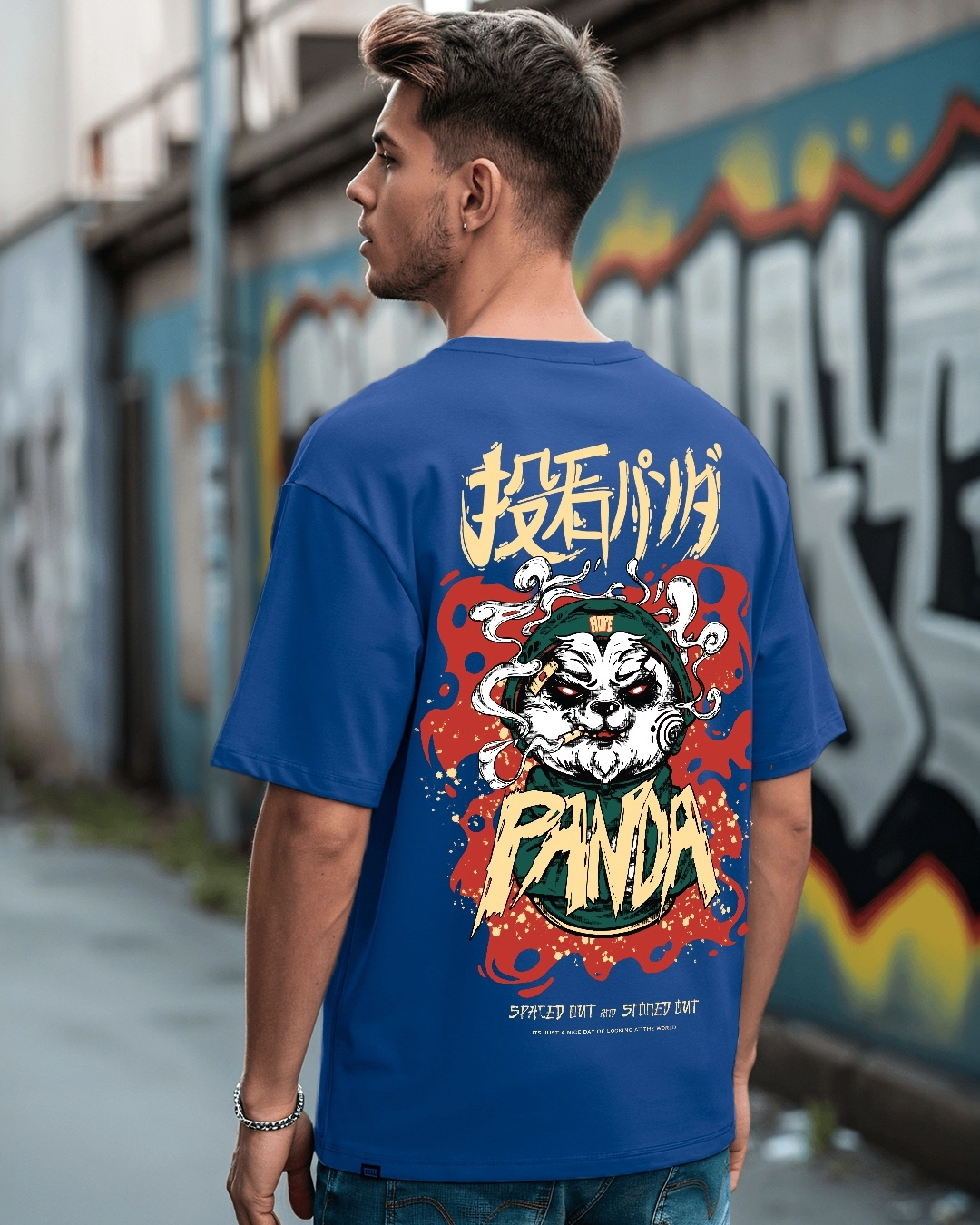 Buy Men's Blue Stoned Panda Graphic Printed Oversized T-shirt Online at ...