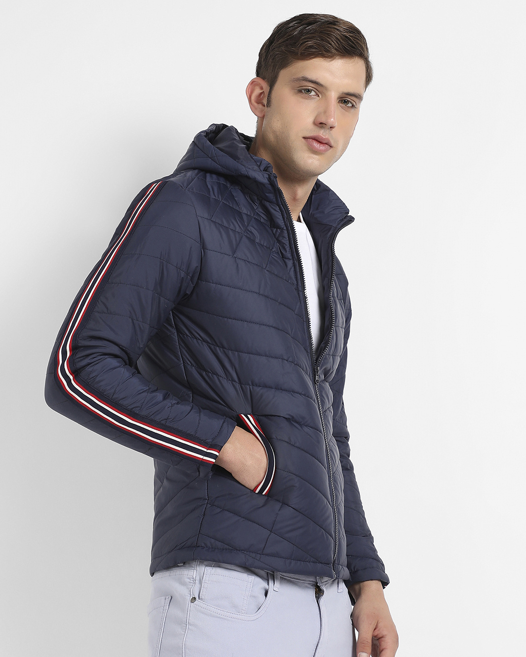 Buy Men's Blue Striped Hooded Puffer Jacket for Men Online at Bewakoof
