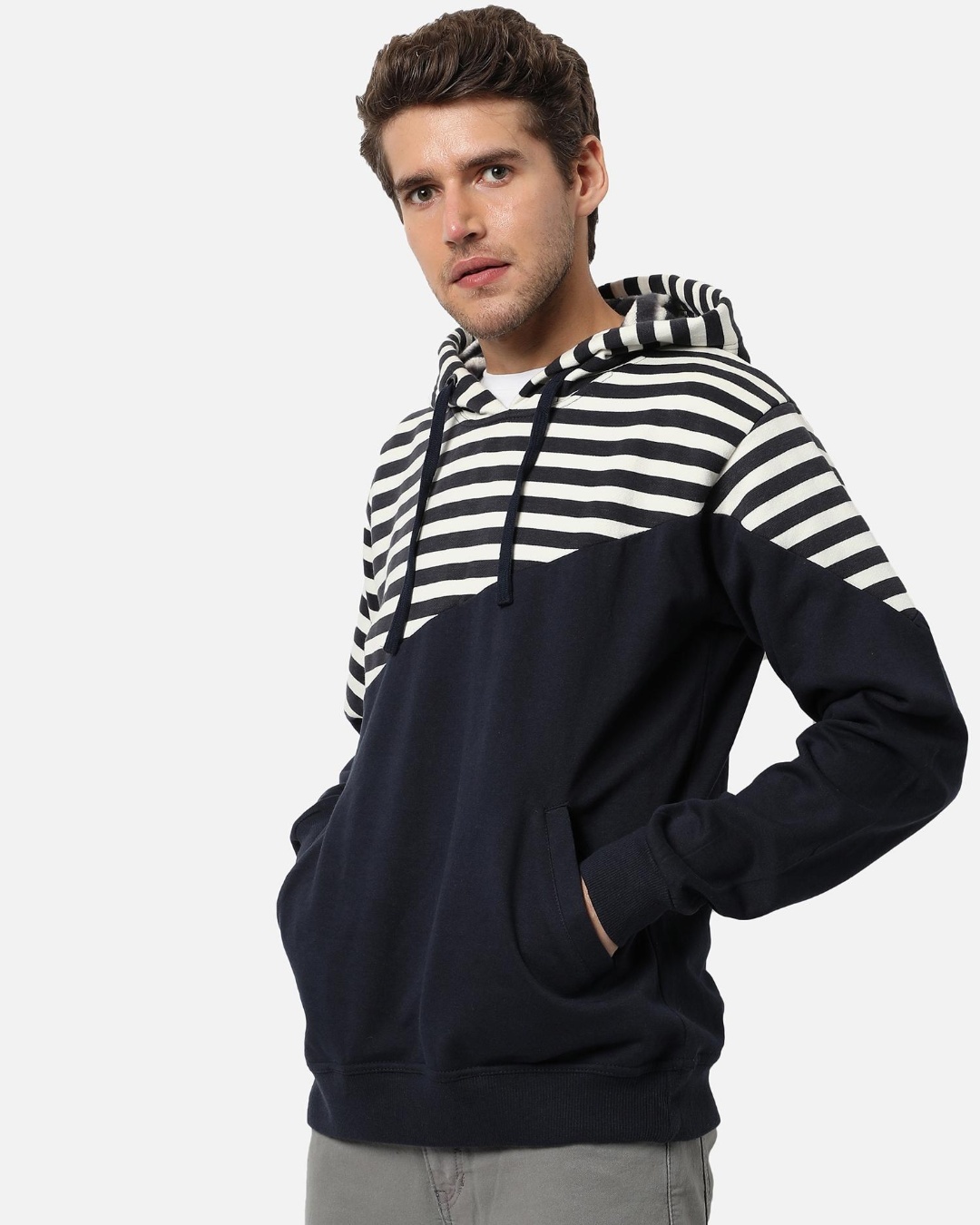 Buy Men's Blue Striped Hooded Sweatshirt Online at Bewakoof
