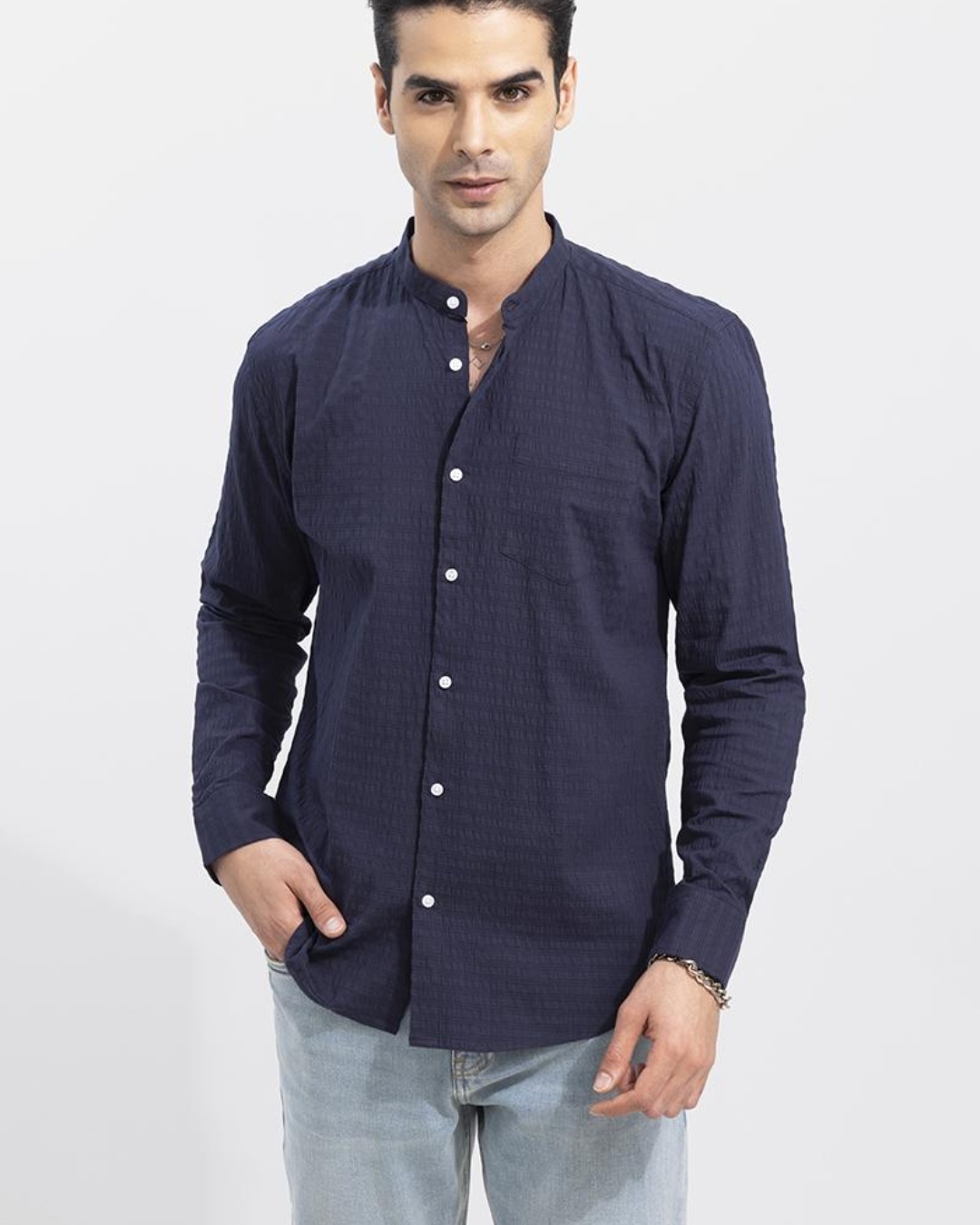 Buy Men's Blue Textured Cotton Slim Fit Shirt Online at Bewakoof