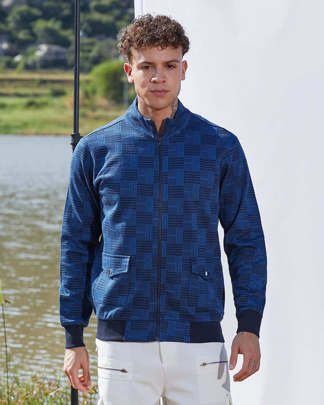 Buy Men's Blue Textured Zipper Jacket Online at Bewakoof