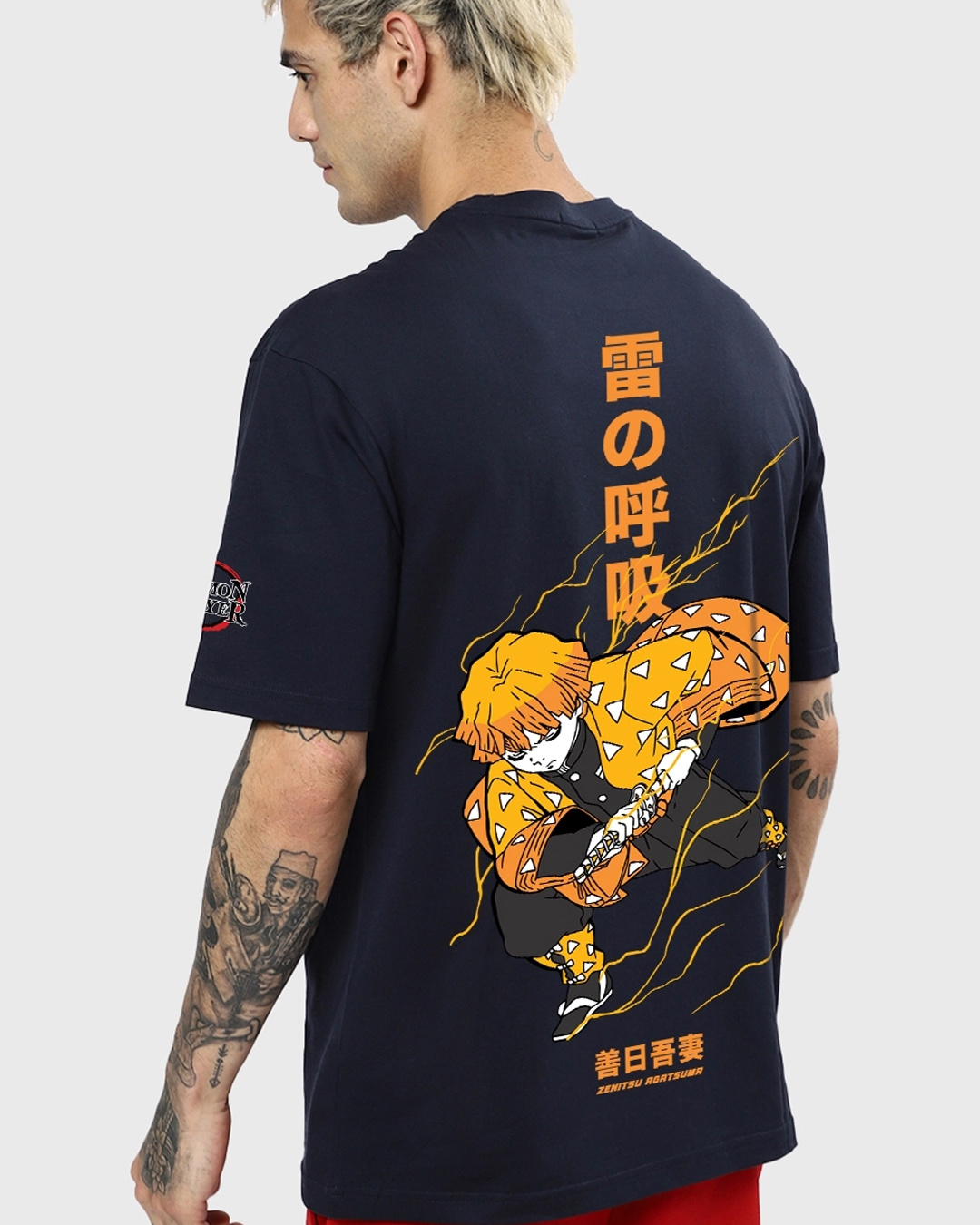 Buy Men's Blue Thunder Breathing Zenitsu Graphic Printed Oversized T ...