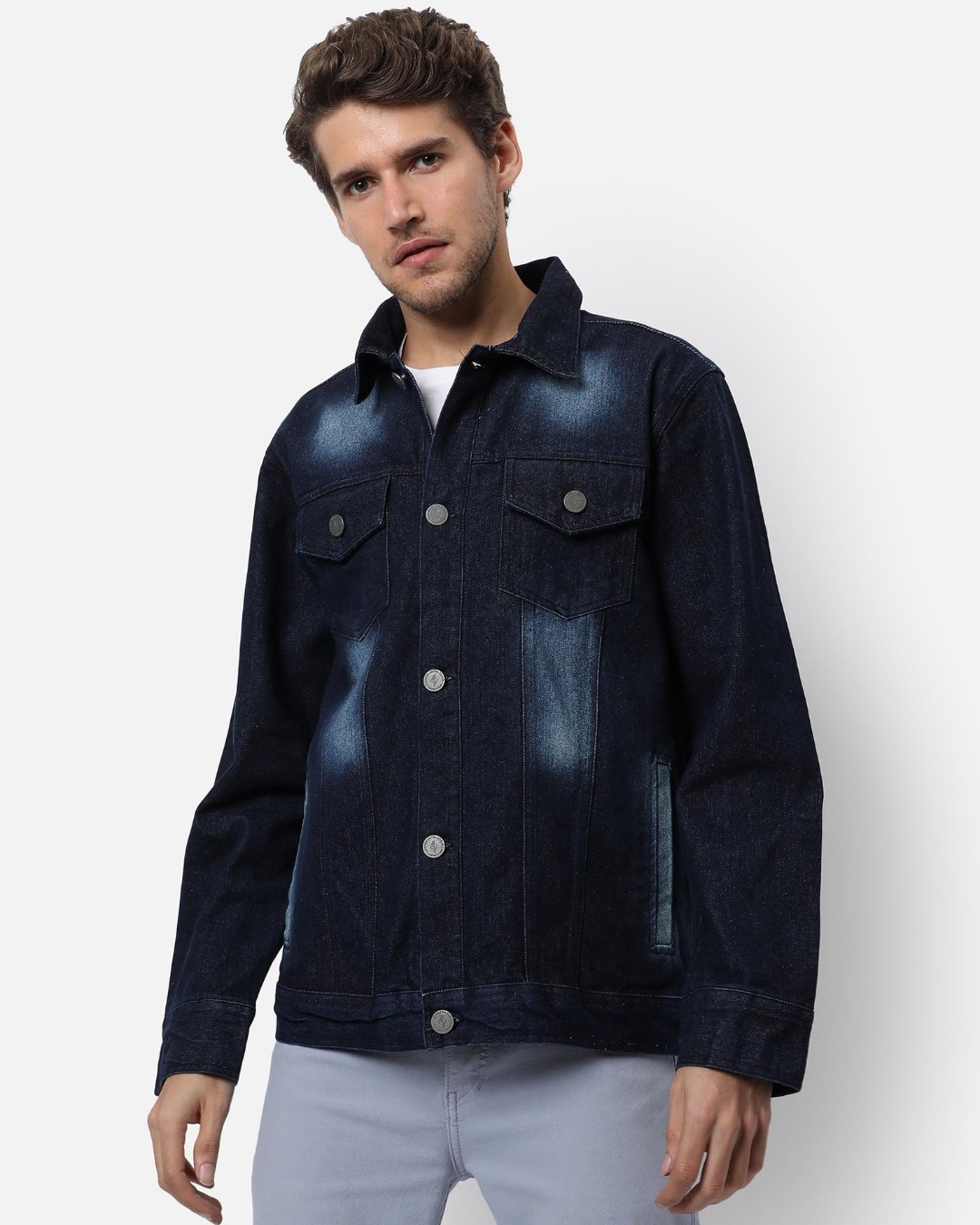Buy Men's Blue Washed Denim Jacket Online at Bewakoof