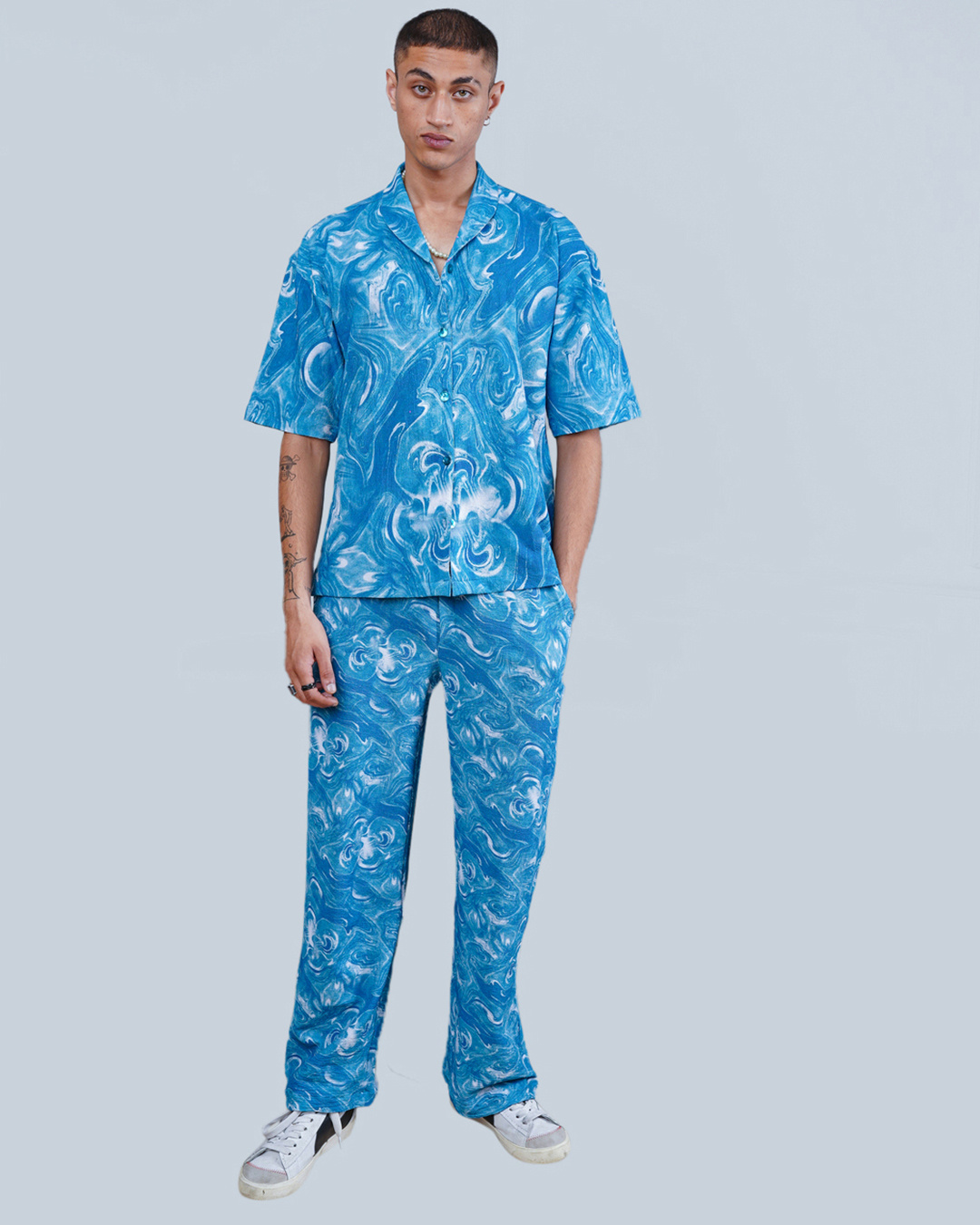 Buy Mens Blue And White All Over Printed Oversized Co Ordinates Online