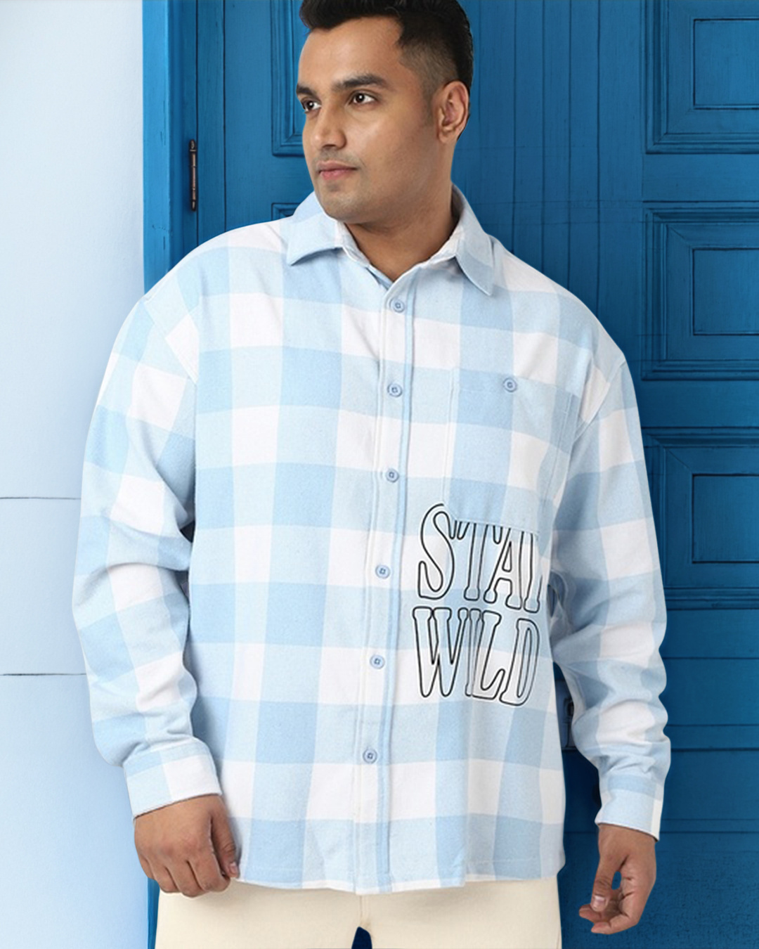 Buy Men's Blue & White Checked Oversized Plus Size Shirt Online at Bewakoof