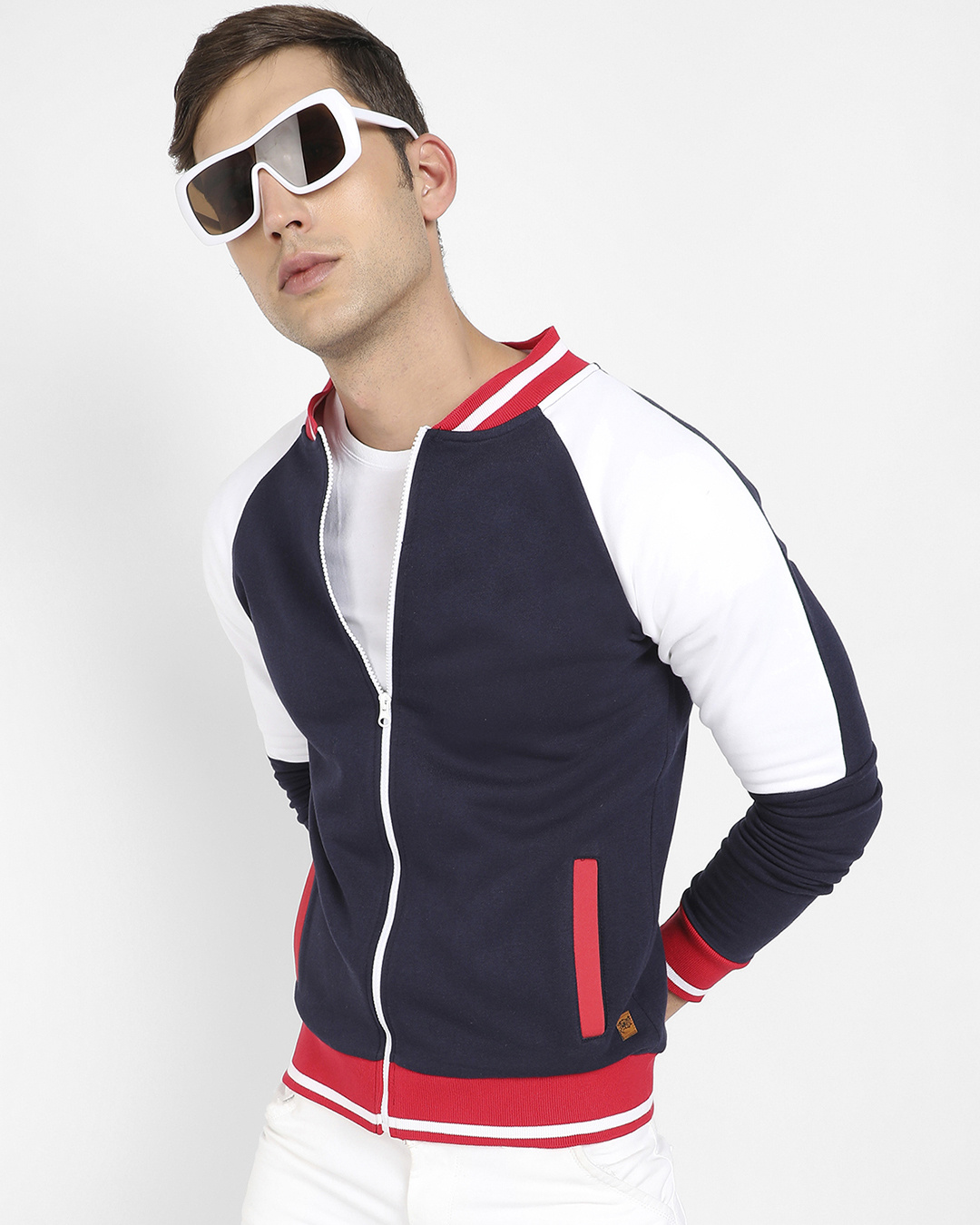 Buy Men's Blue & White Color Block Jacket Online at Bewakoof