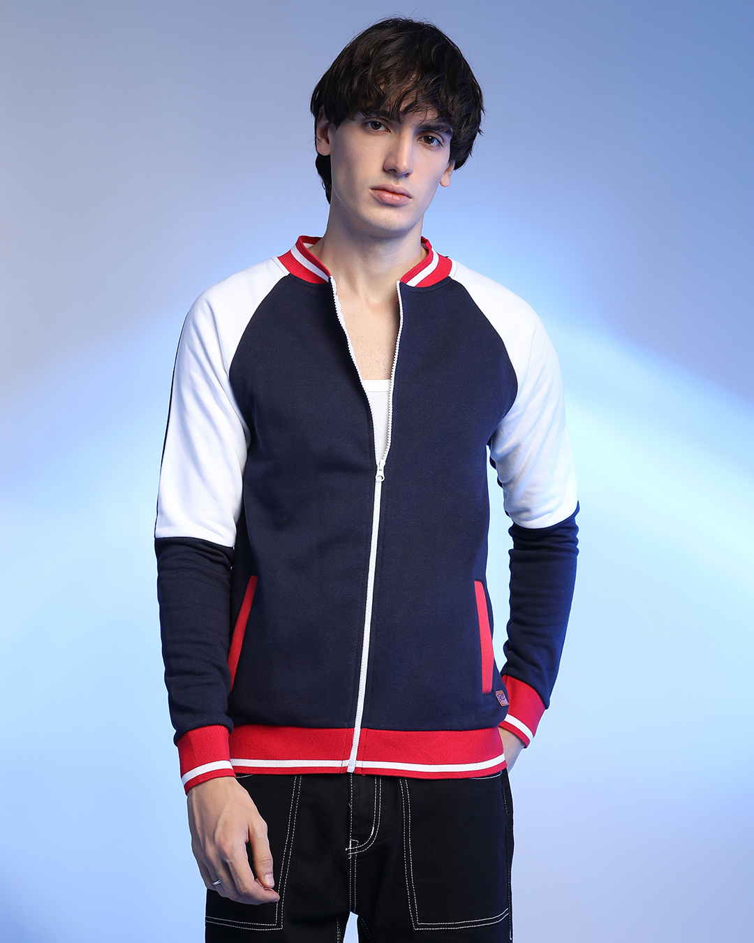 Buy Men's Blue & White Color Block Jacket Online at Bewakoof