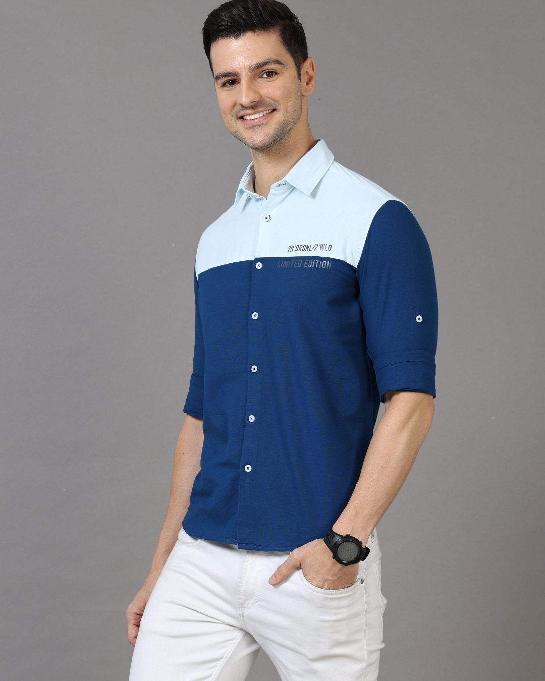 Buy Men's Blue & White Color Block Slim Fit Shirt Online at Bewakoof
