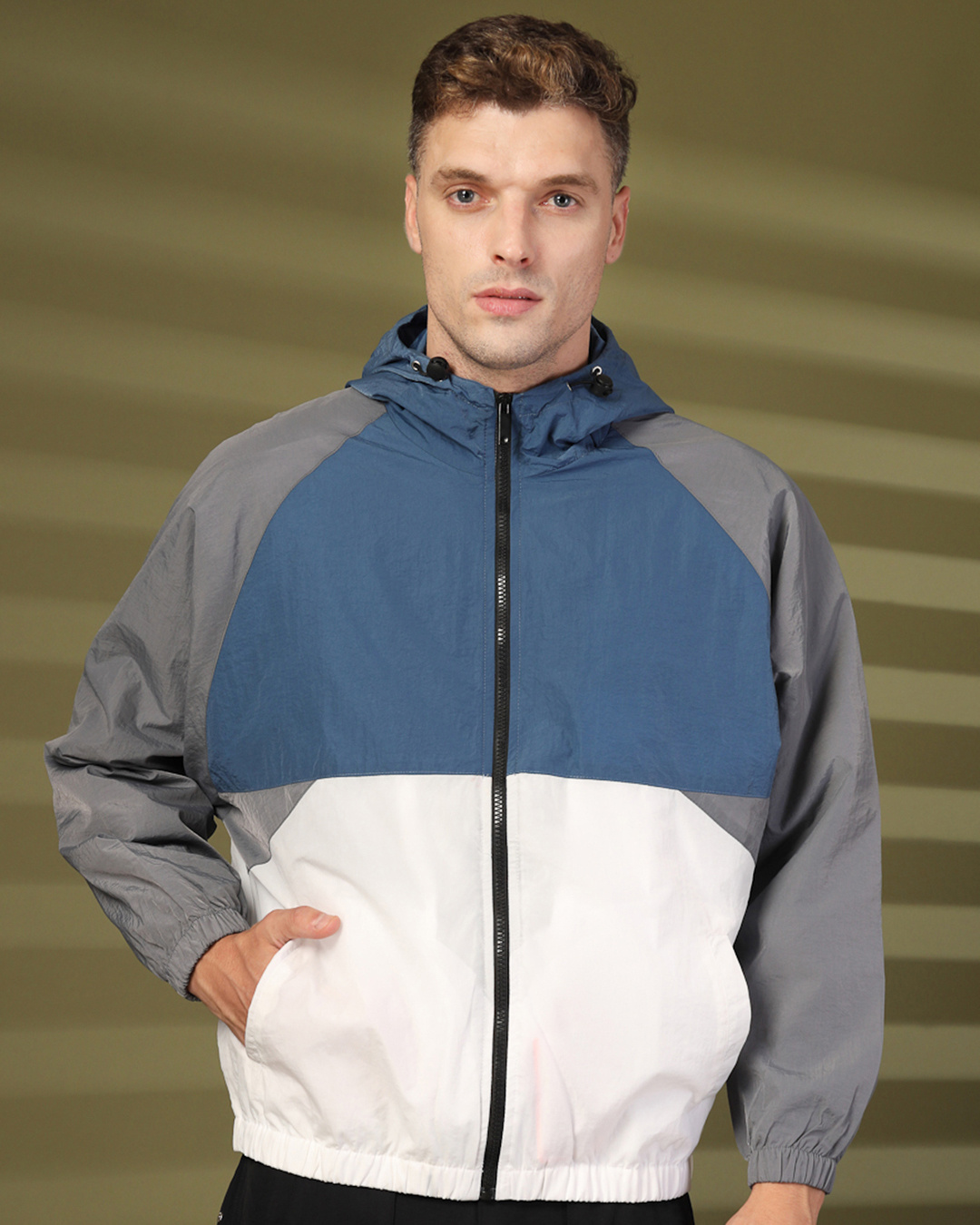 Buy Men's Blue & White Color Block Wind Cheater Jacket Online at Bewakoof