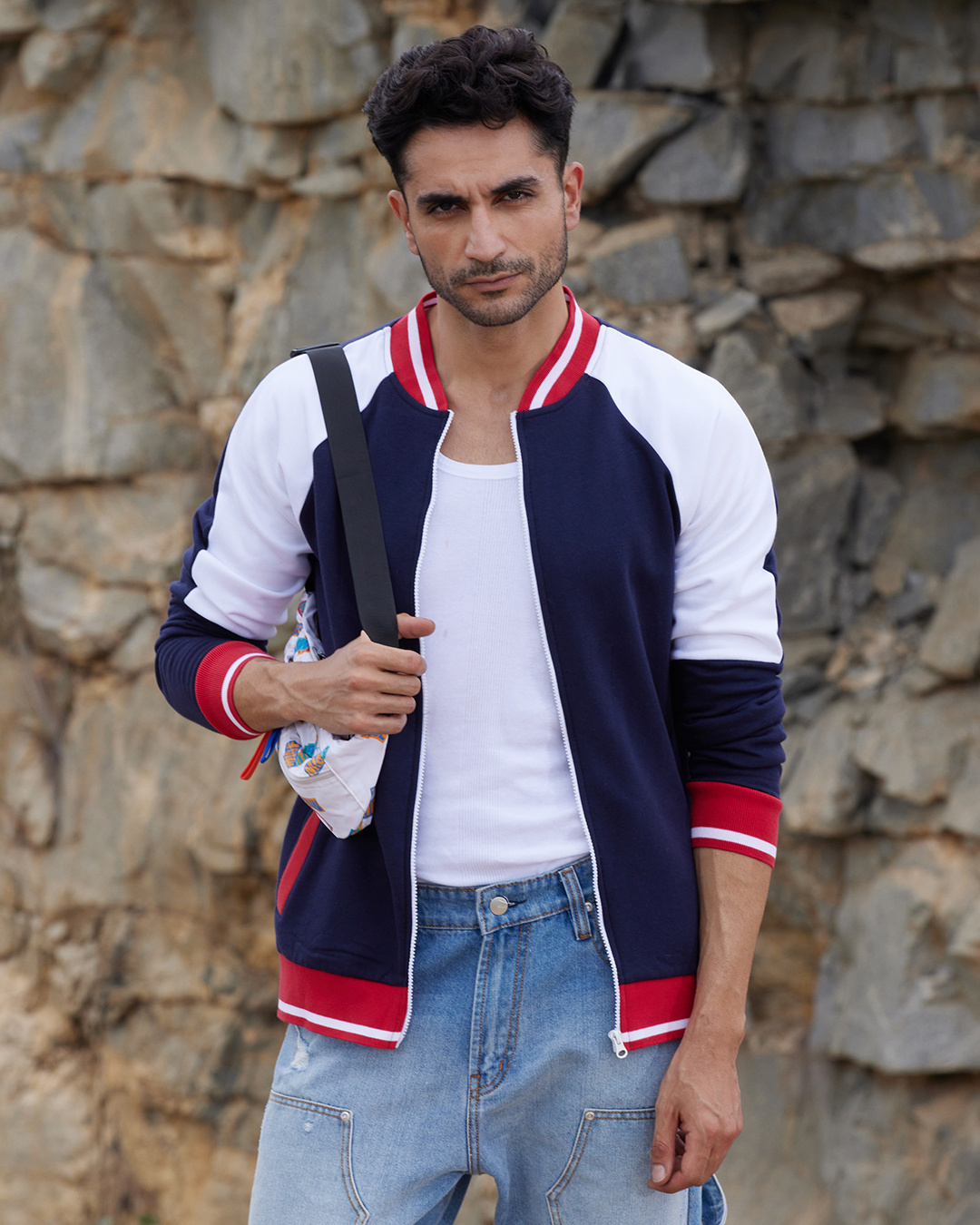 Buy Men's Blue & White Color Block Zipper Jacket Online at Bewakoof