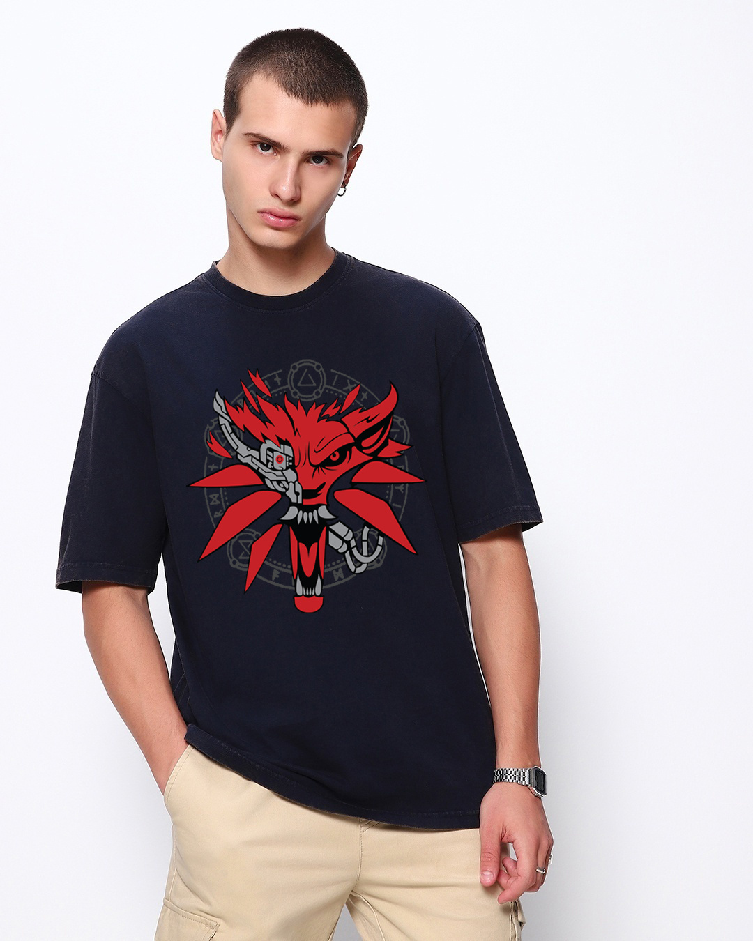Buy Men's Blue White Wolf Graphic Printed Oversized T-shirt Online at ...