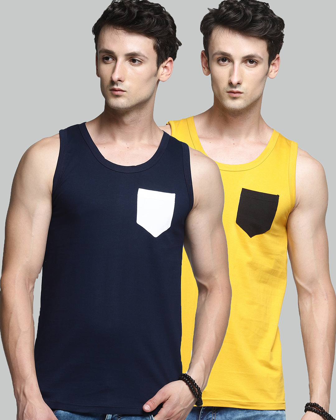 Buy Pack of 2 Men's Blue & Yellow Color Block Vest for Men Blue Online ...