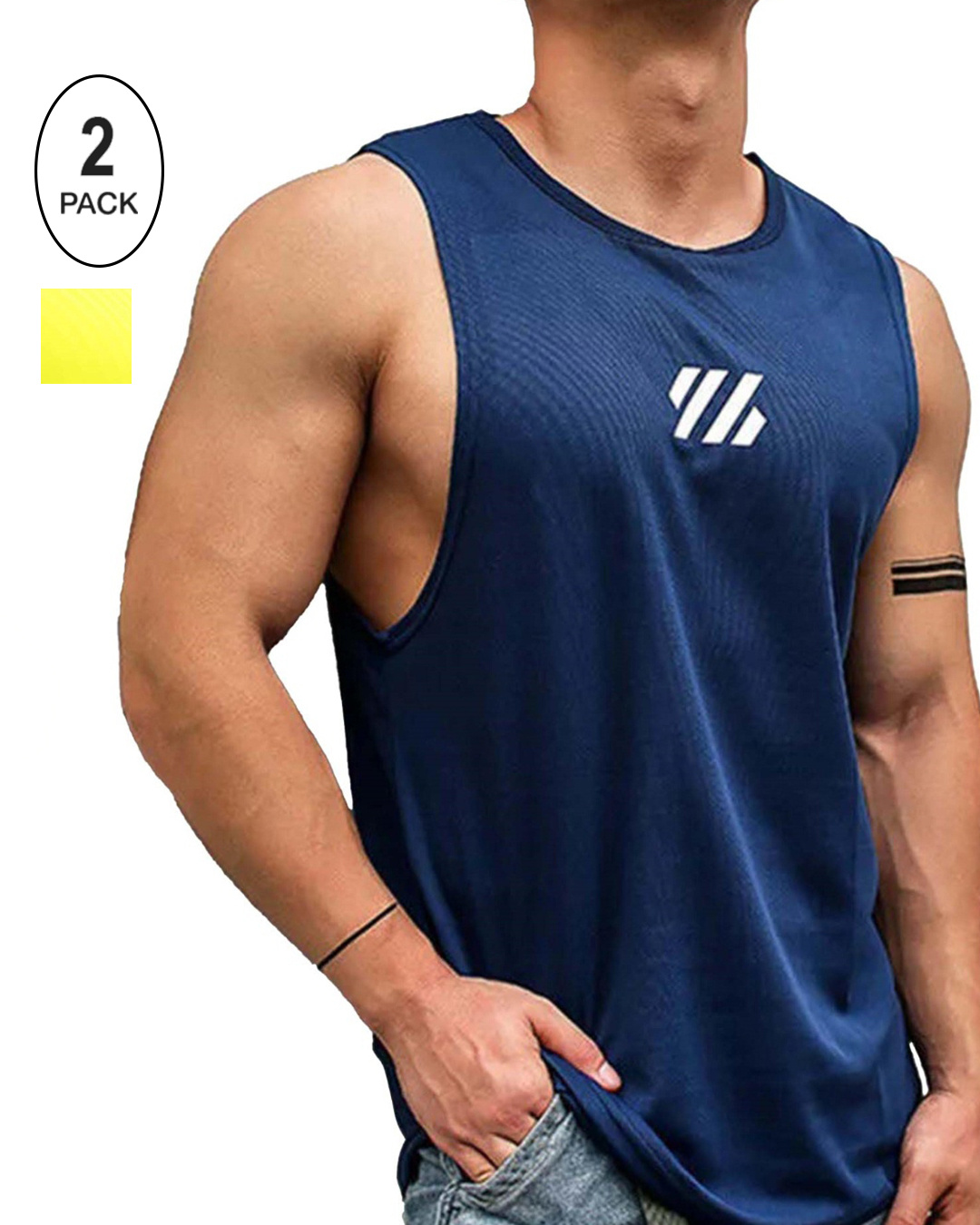 Buy Pack of 2 Men's Blue & Yellow Graphic Printed Slim Fit Vest Online ...