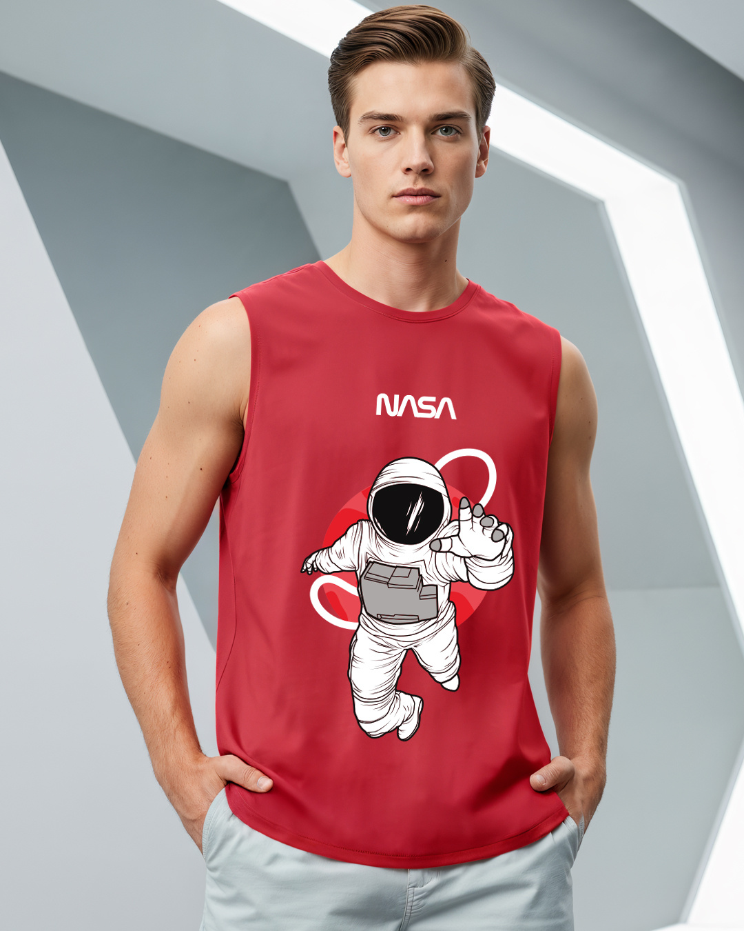 Buy Men's Bold Red Nasa Astronaut Graphic Printed Boxy Fit Vest Online ...