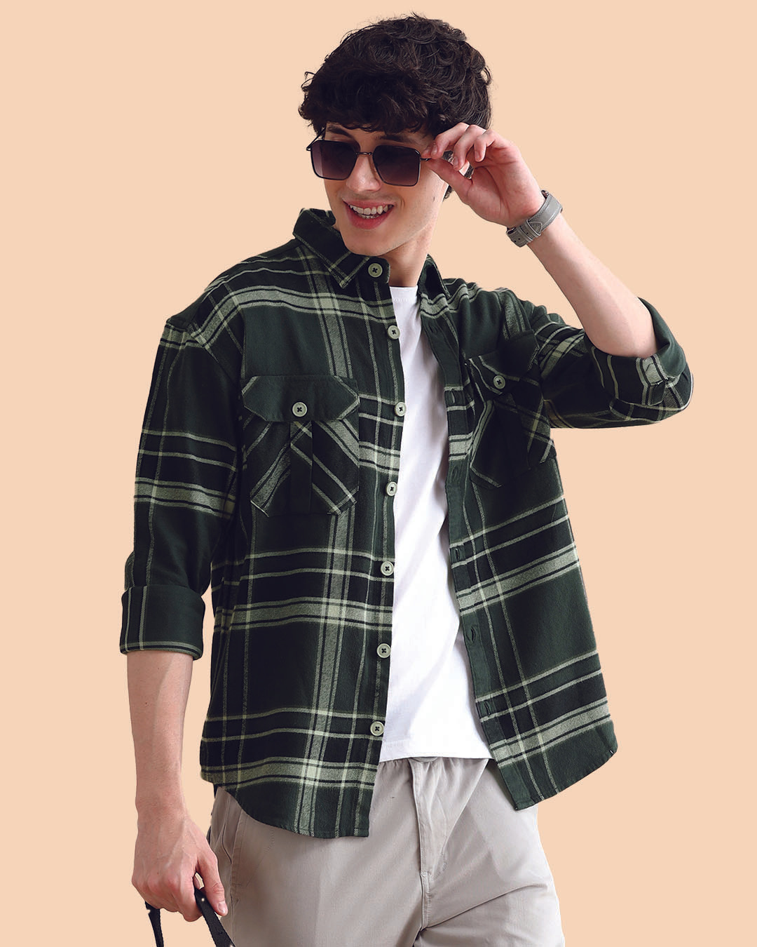 Buy Men's Bottle Green Checked Oversized Shacket Online at Bewakoof