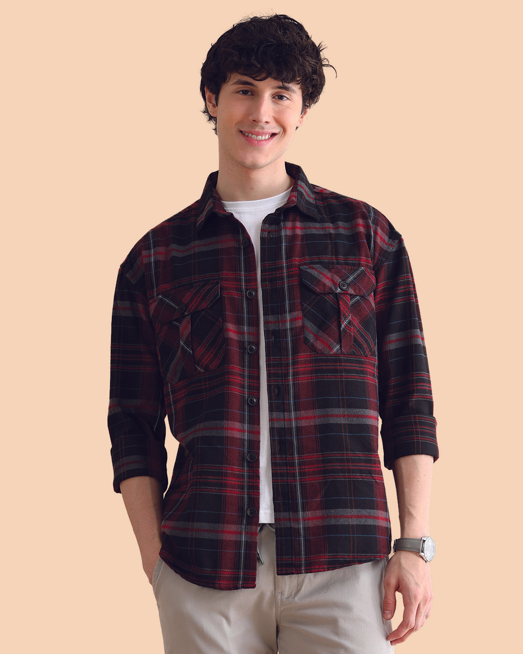 Buy Men's Brick Red & Black Checked Oversized Shacket Online at Bewakoof