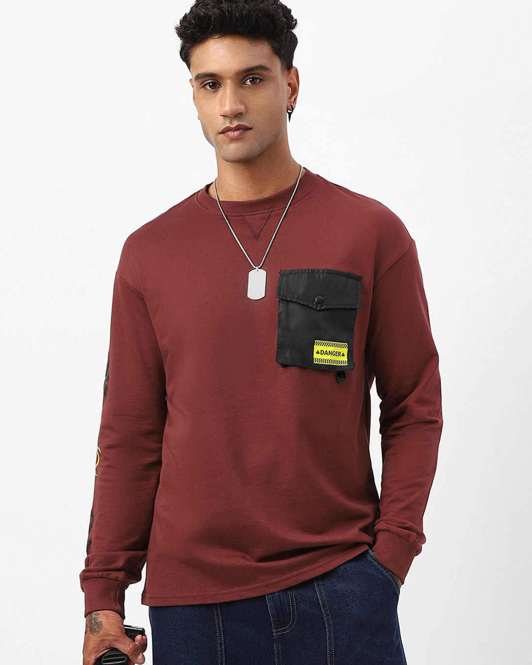 Buy Men's Brick Red Caution Graphic Printed Oversized T-shirt Online at ...