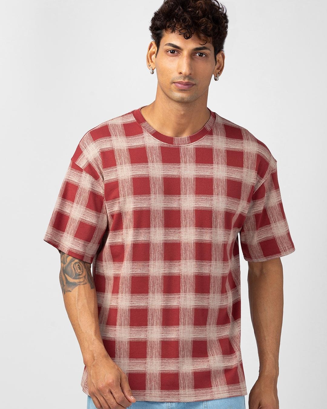 Buy Men's Brick Red Checked Oversized T-shirt Online at Bewakoof