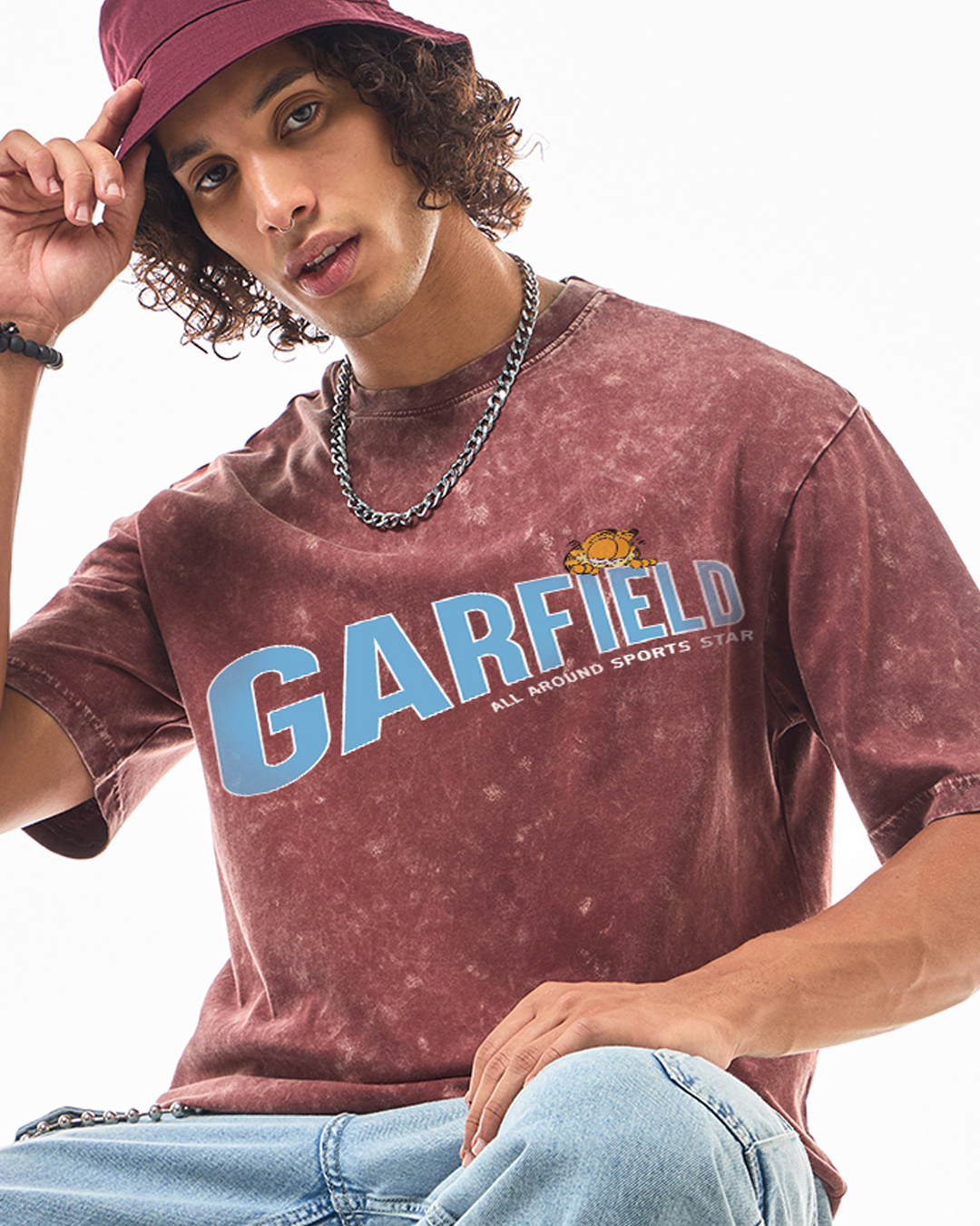 Buy Men's Brick Red Garfield Graphic Printed Oversized Acid Wash T ...
