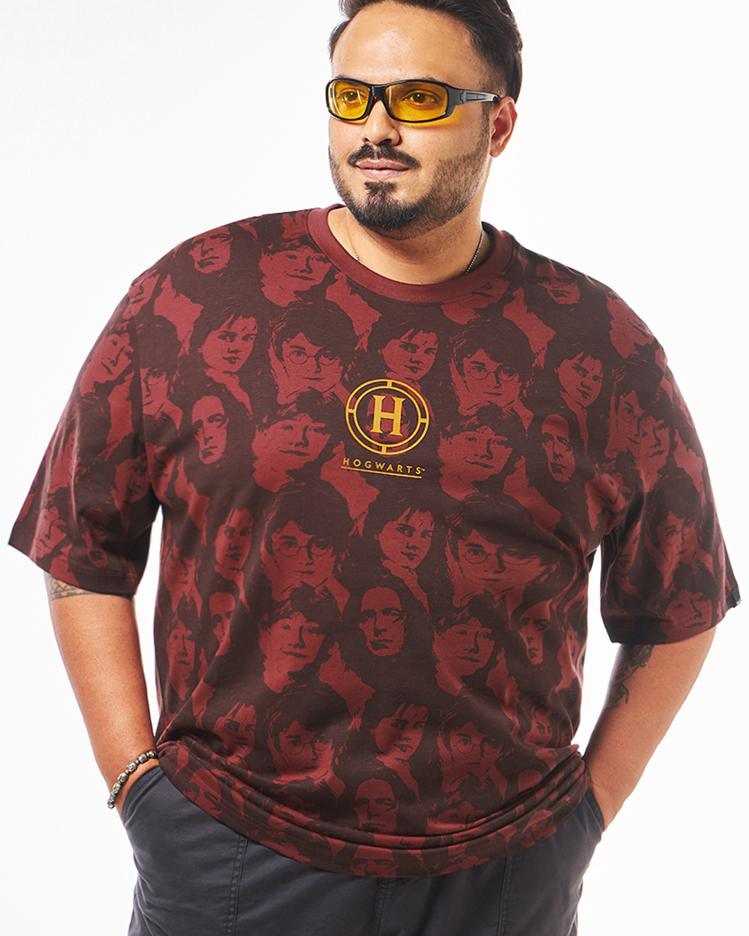 Buy Men's Red Hogwarts All Over Printed Oversized Plus Size T-shirt Online at Bewakoof