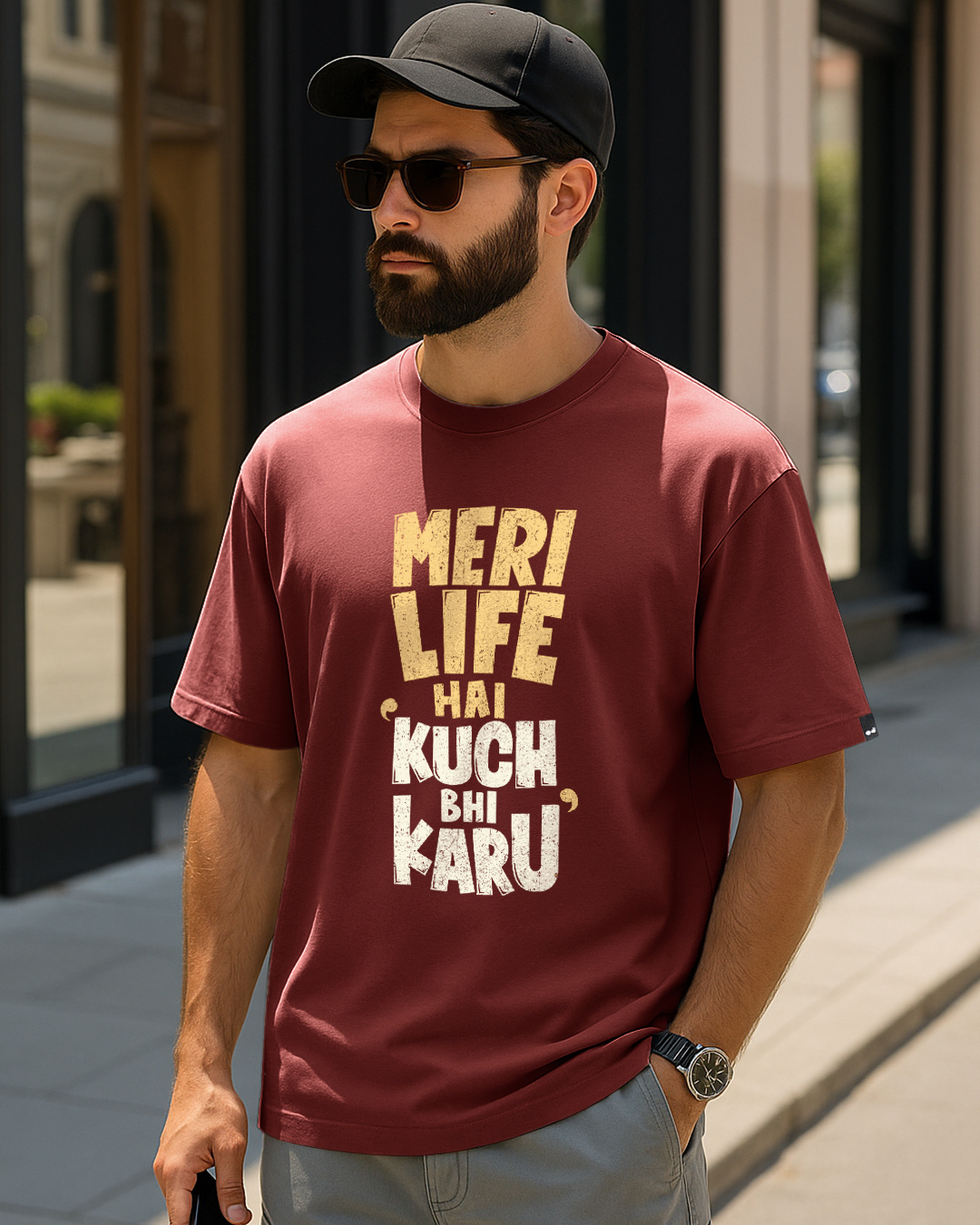 Buy Men's Brick Red Meri Life Typography Oversized T-shirt Online at ...