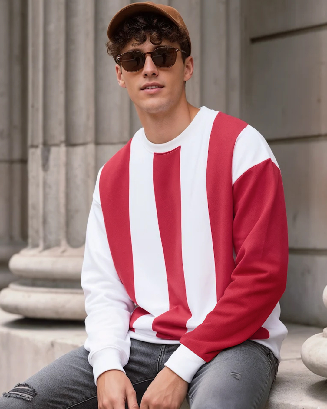 Buy Men's Bright White & Red Color Block Oversized Sweatshirt Online at ...