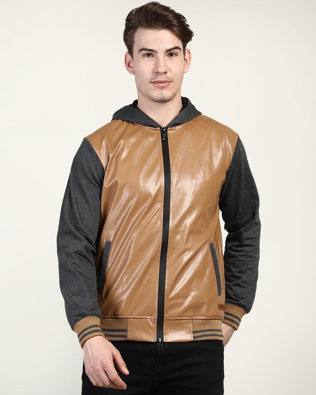 Buy Men's Brown & Grey Color Block Hooded Jacket Online at Bewakoof