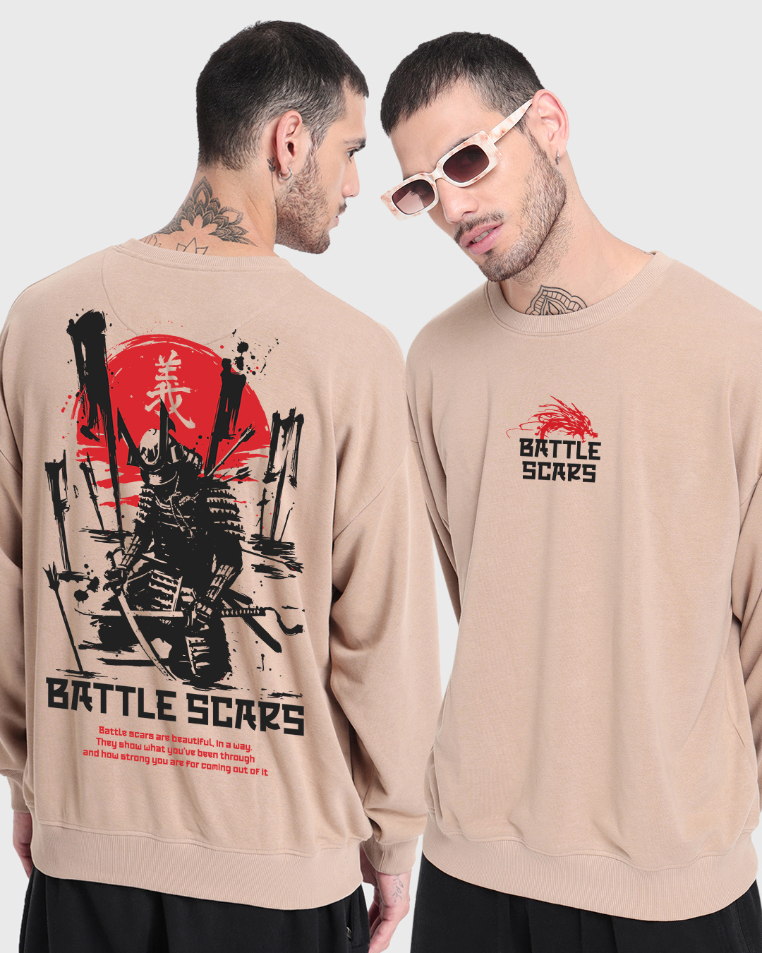 Buy Men's Brown Battle Scars Graphic Printed Oversized Sweatshirt ...