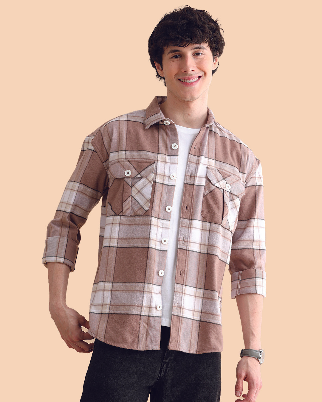 Buy Men's Brown Checked Oversized Shacket Online at Bewakoof