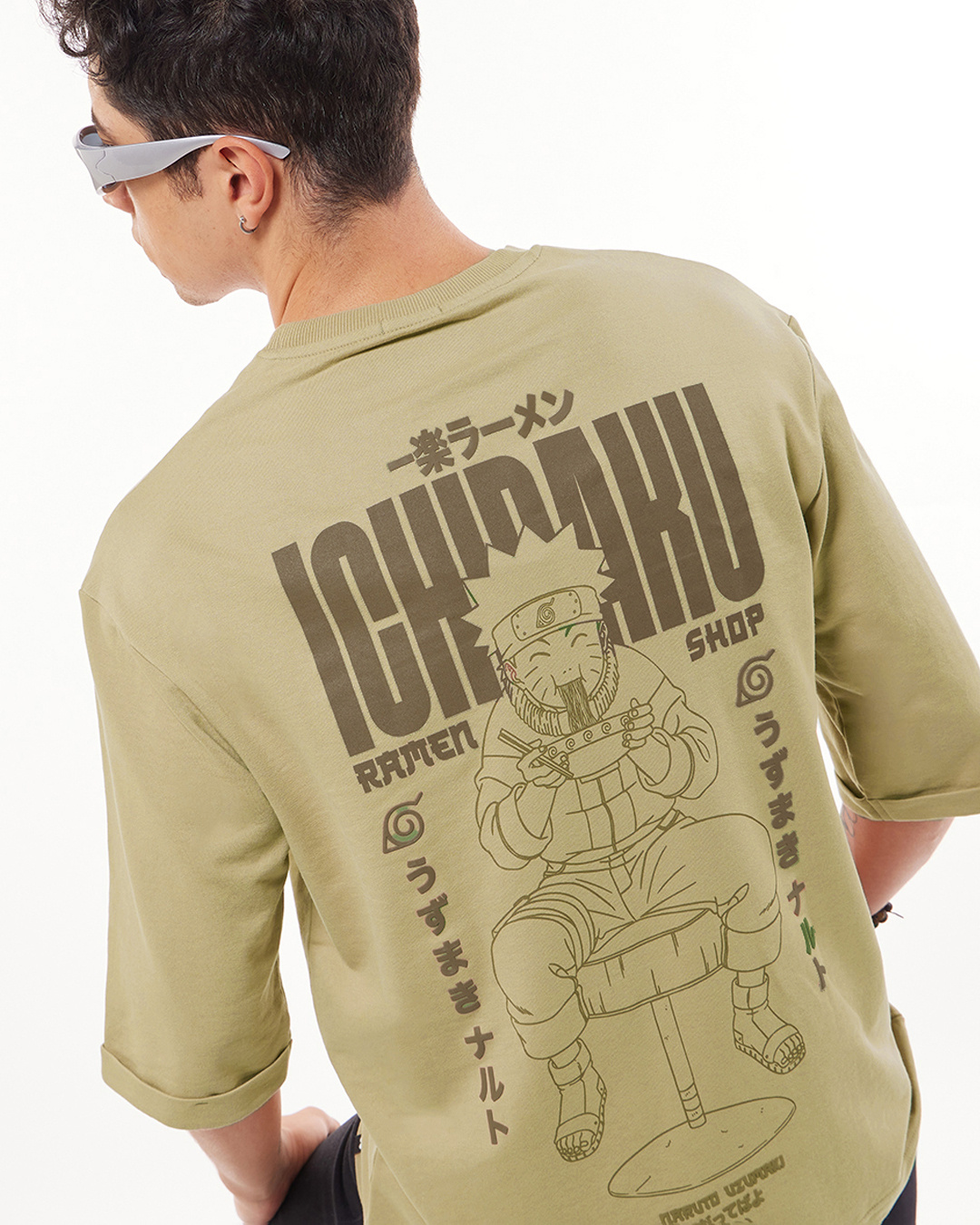 Buy Men's Brown Naruto & Ramen Graphic Printed Super Loose Fit T-shirt ...